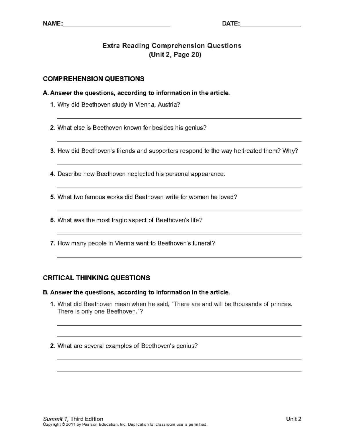 02-Reading Comprehension Unit 2 - Copyright © 2017 by Pearson Education ...