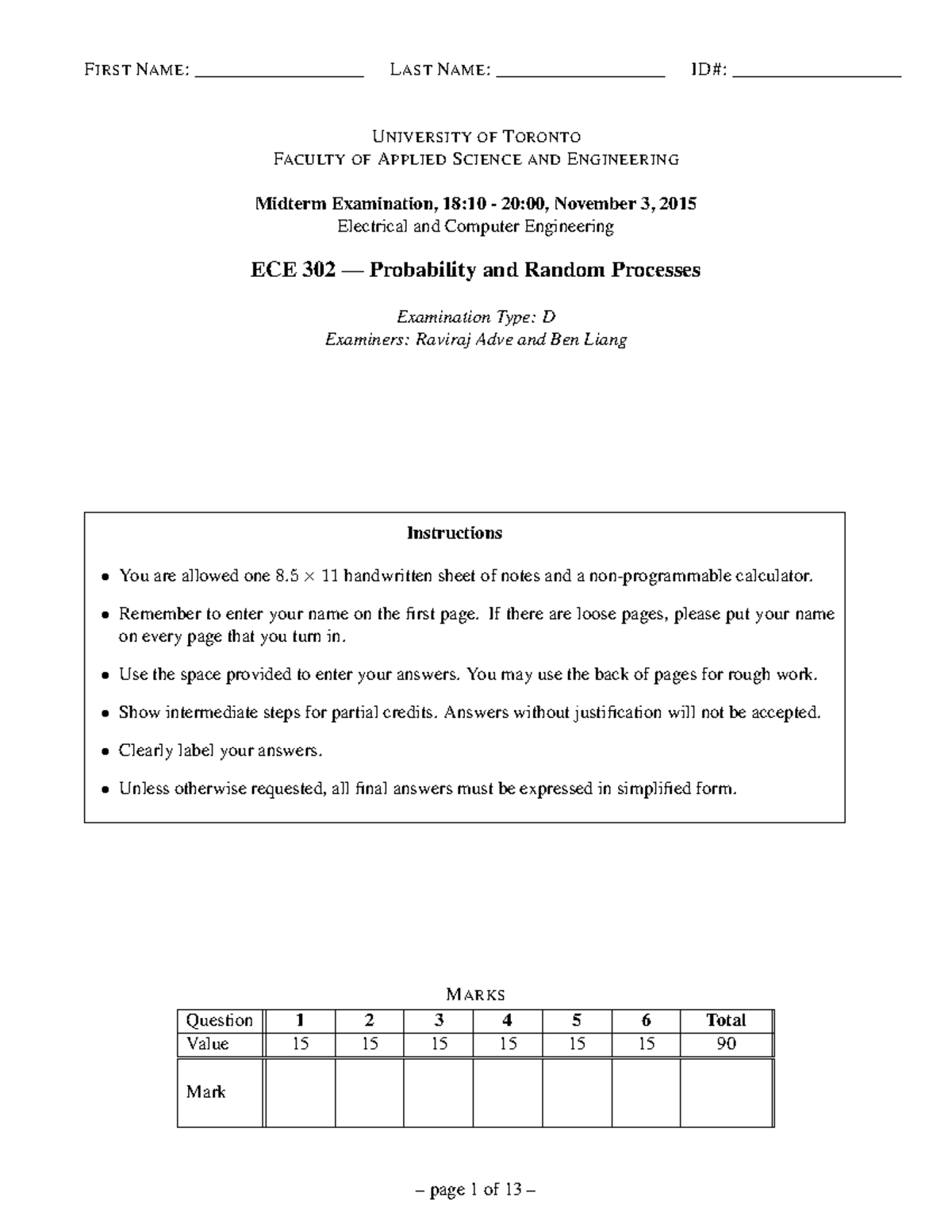 ECE302 H1 2015 9 6215086119742015 - FIRST NAME: LAST NAME: ID ...