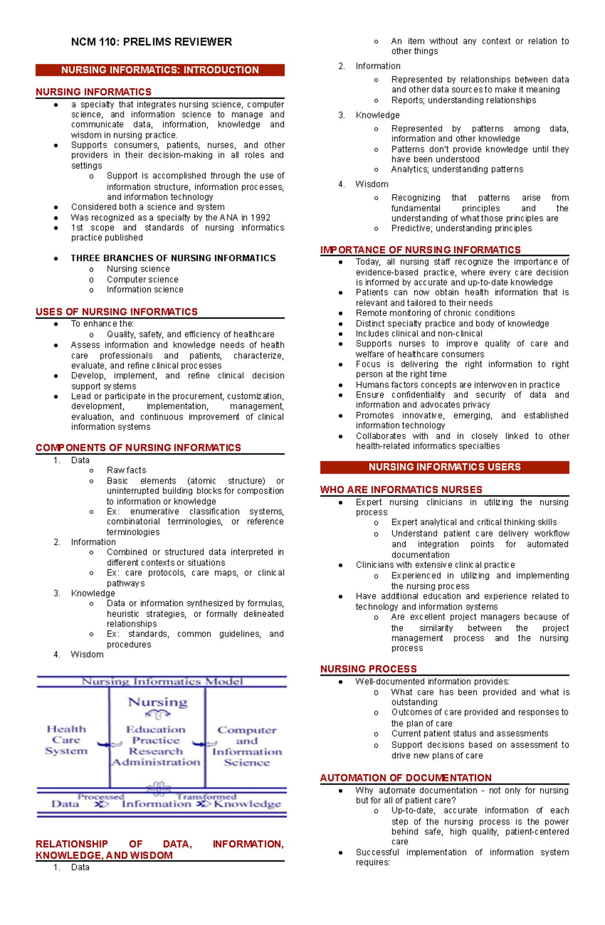 NCM 110 - NURSING INFORMATICS - NCM 110: PRELIMS REVIEWER NURSING INFORMATICS: INTRODUCTION ...