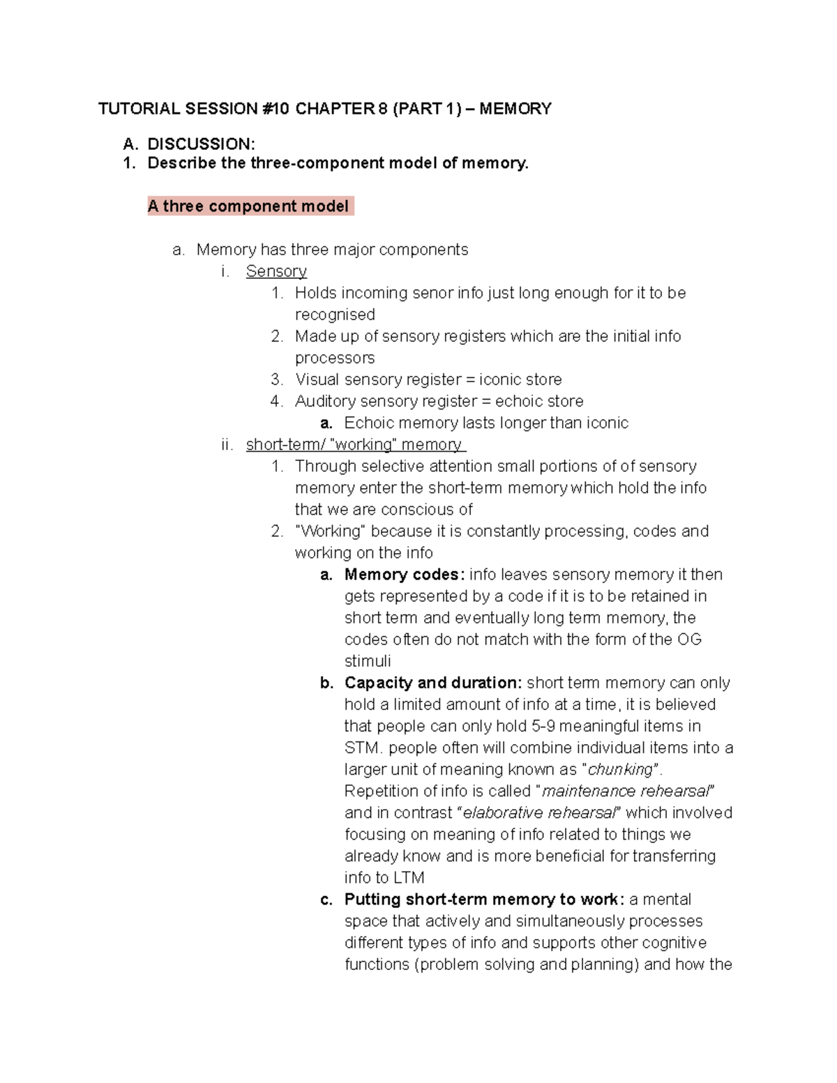 Tutorial #10 questions - TUTORIAL SESSION #10 CHAPTER 8 (PART 1) – MEMORY A. DISCUSSION: 1 ...