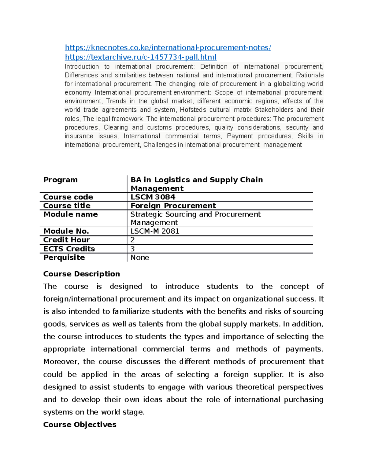 Course outline foreign procurement - logistic - Studocu