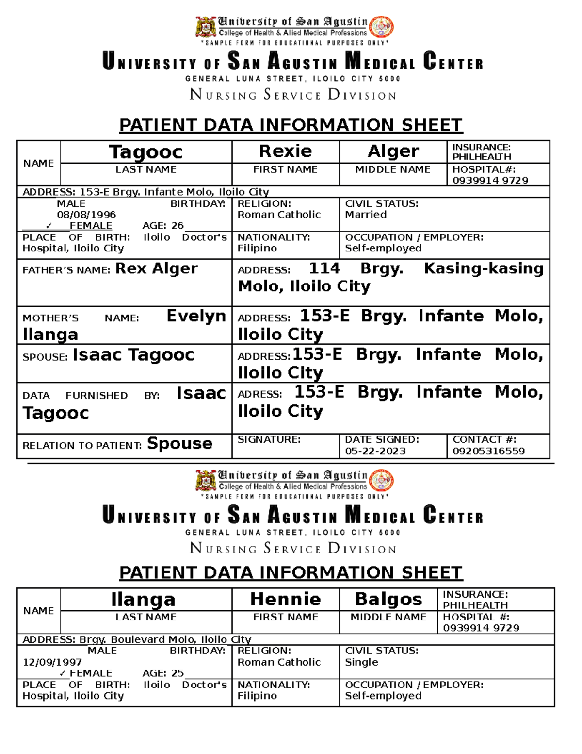18 - Lecture info - PATIENT DATA INFORMATION SHEET NAME Tagooc Rexie ...