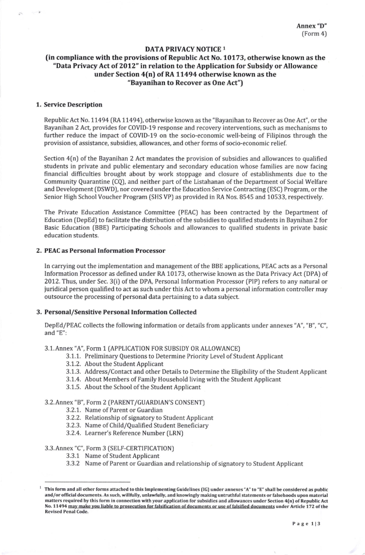 Annex D annex d - Annex "D" (Form 4) DATA PRIVACY NOTICE 1 (in ...