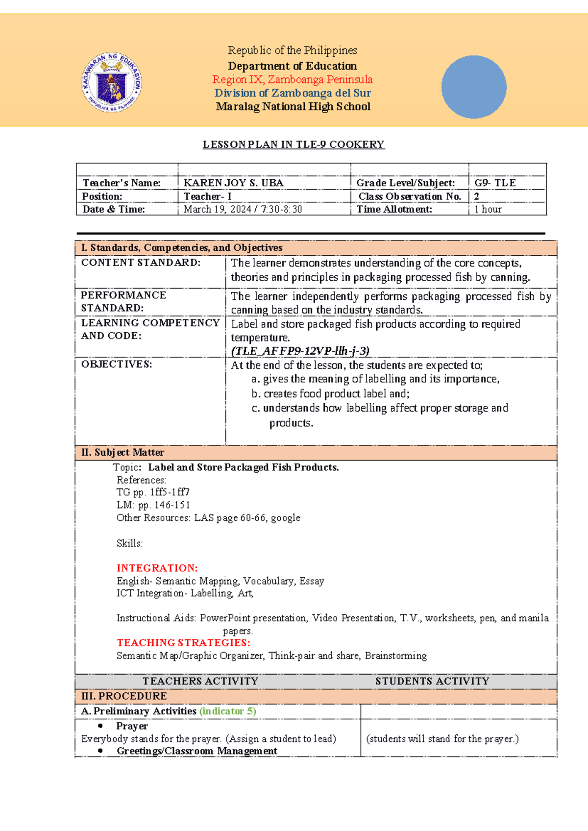CO2 TLE grade 9 - CLASS OBSERVATION - LESSON PLAN IN TLE-9 COOKERY ...
