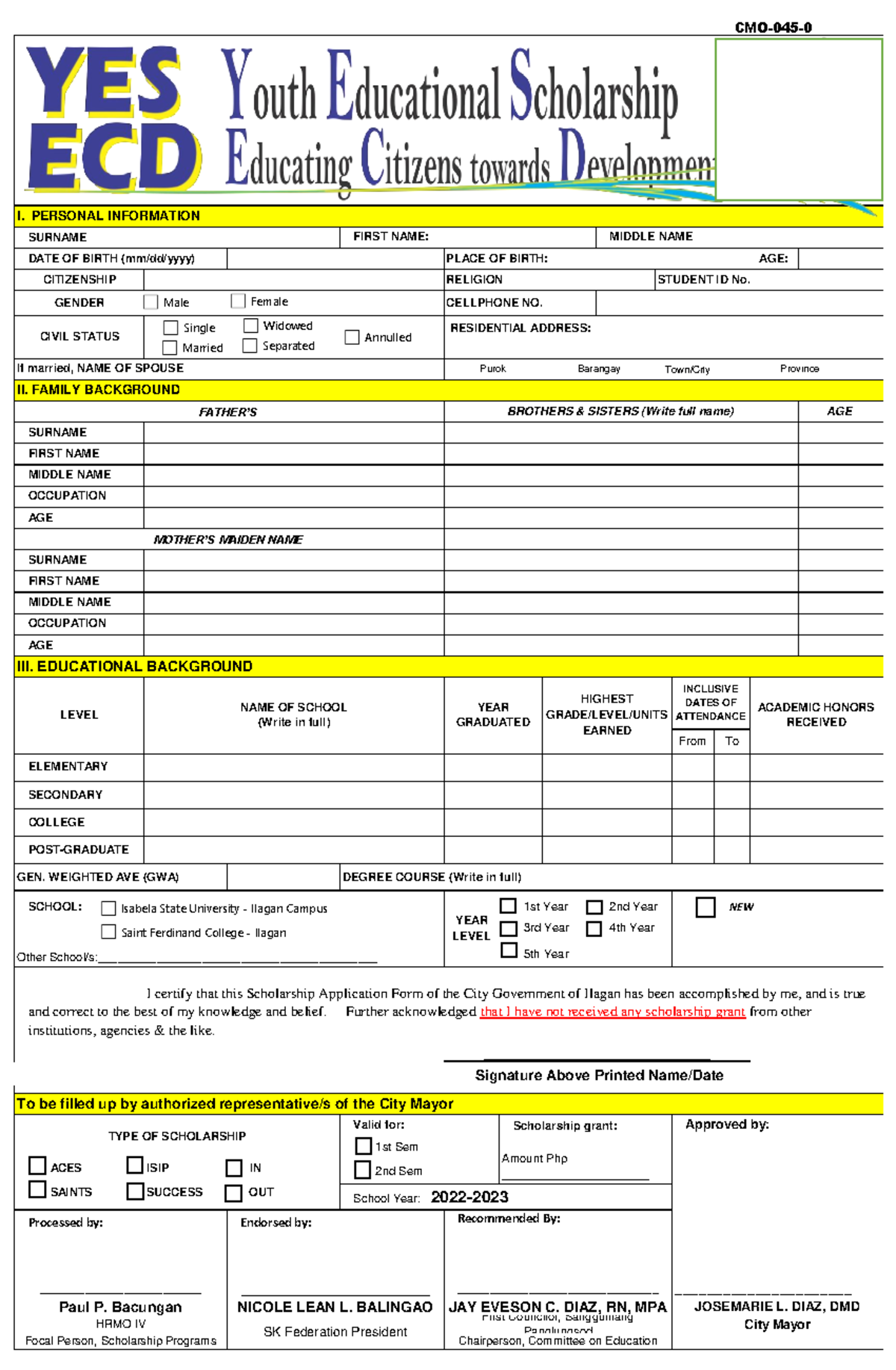 CMO-045 YES-ECD-Scholarship-Application-Form - SURNAME AGE: AGE From To ...