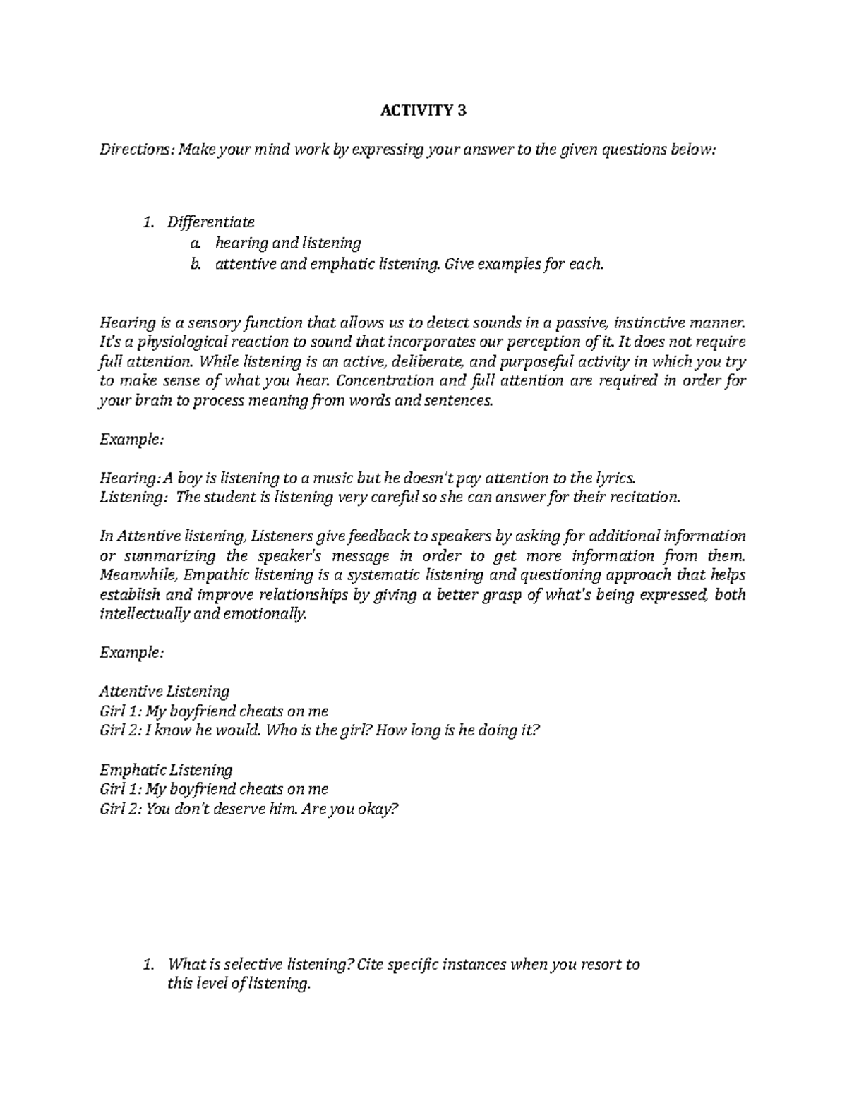 GE 5 Activity 3 - ACTIVITY 3 Directions: Make your mind work by expressing your answer to the ...