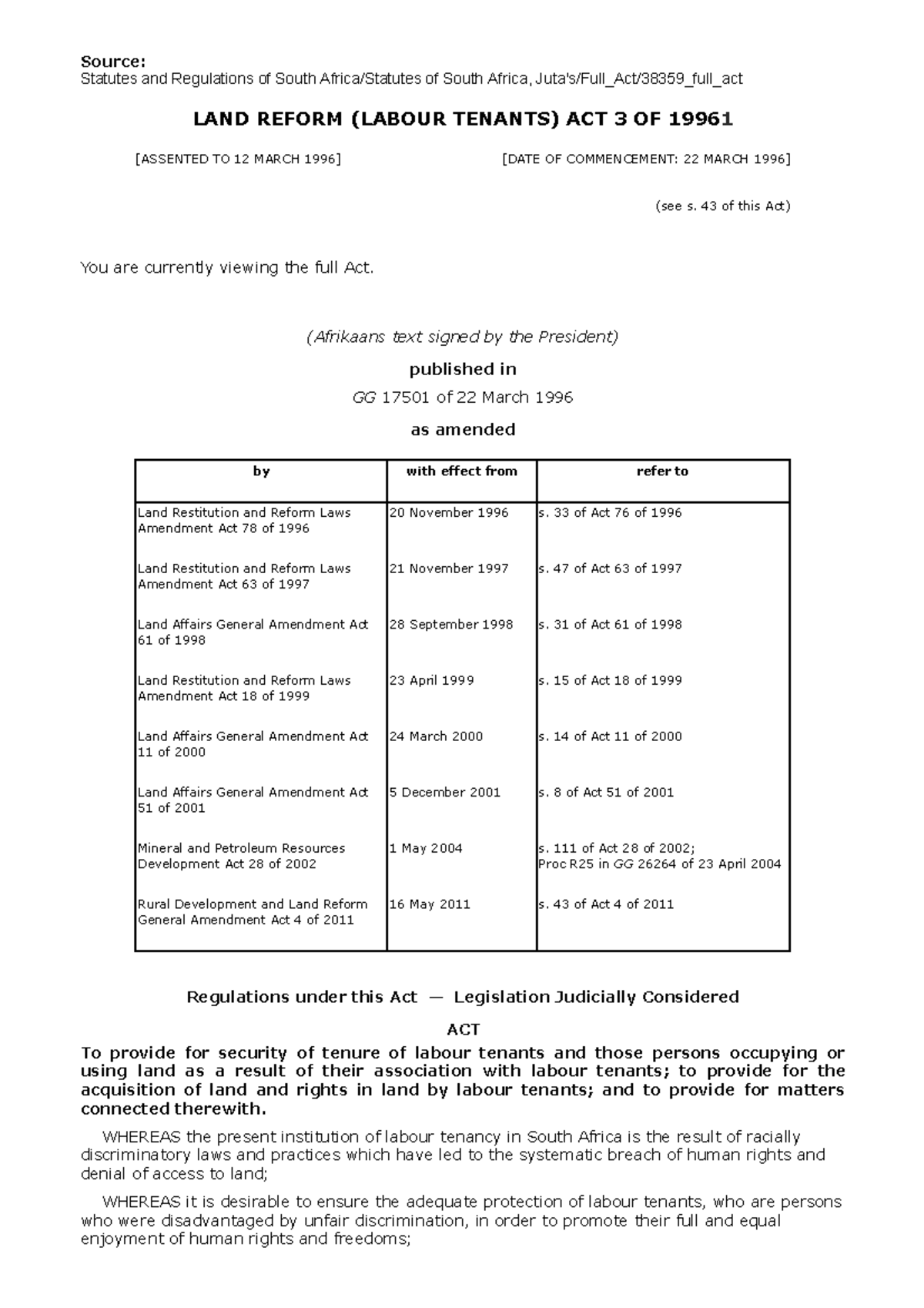 LAND Reform ( Labour Tenants) ACT 3 OF 1996 - Source: Statutes and ...
