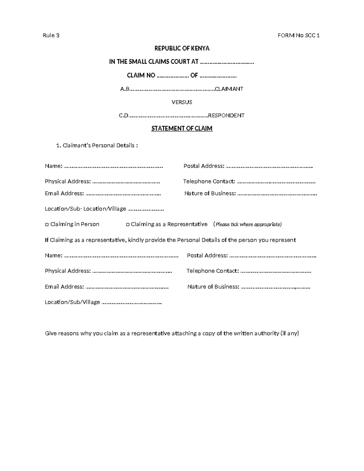 Small Claims Court Forms - Rule 3 FORM No SCC 1 REPUBLIC OF KENYA IN ...