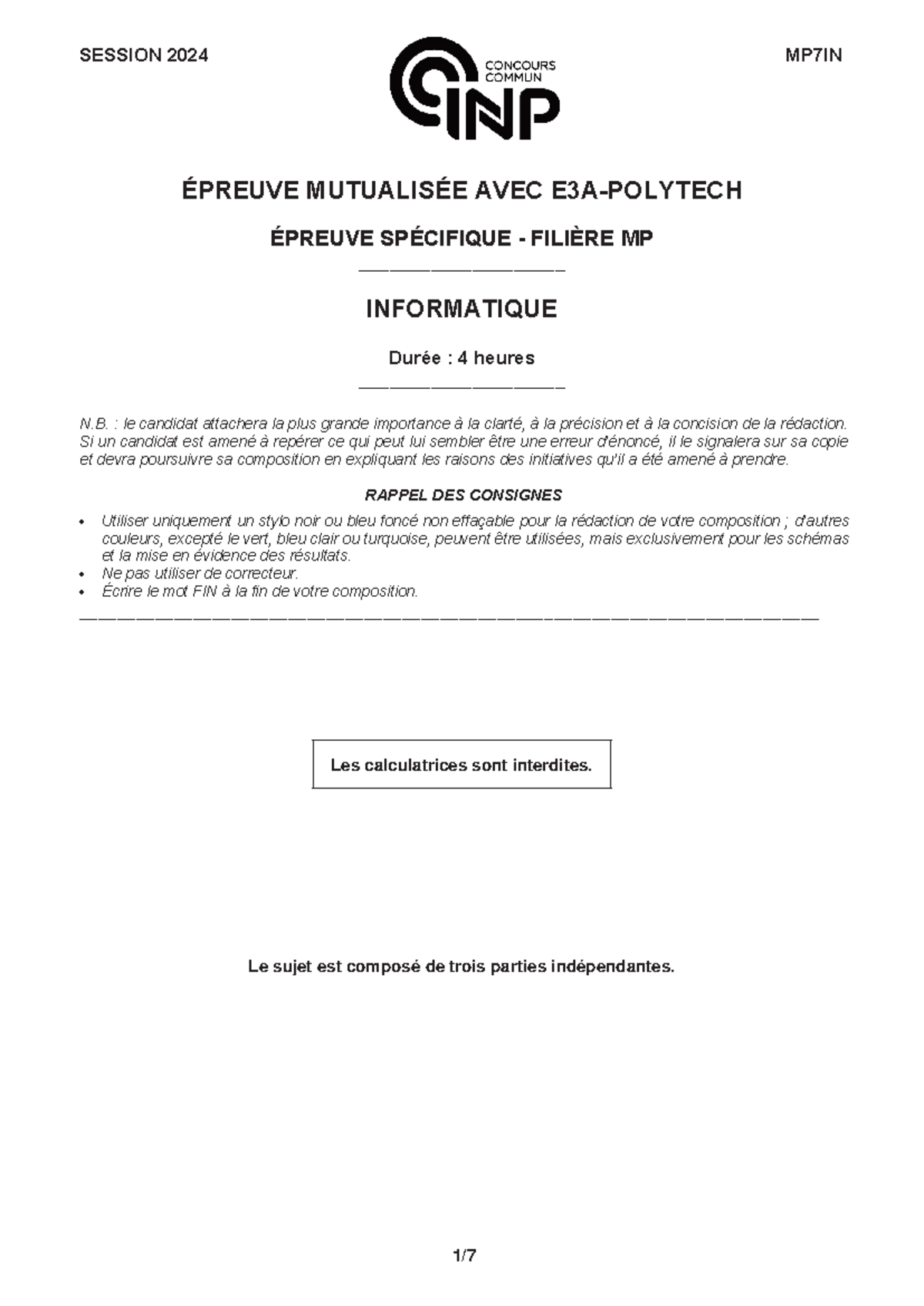 2024 MP7IN - nothing - SESSION 2024 MP7IN ÉPREUVE MUTUALISÉE AVEC E3A-POLYTECH ÉPREUVE ...