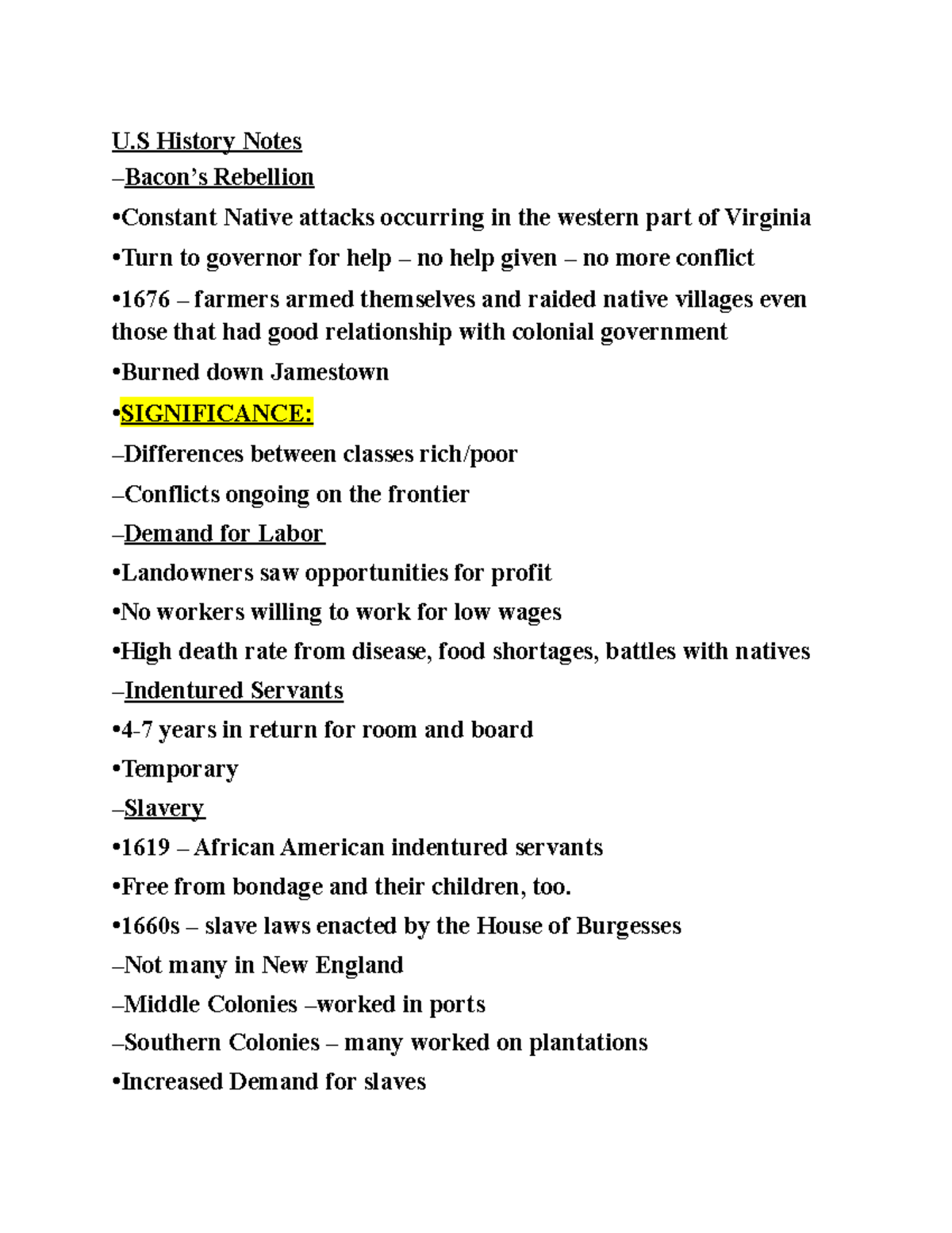 U.S History Notes - hope this helps! - U History Notes –Bacon’s ...
