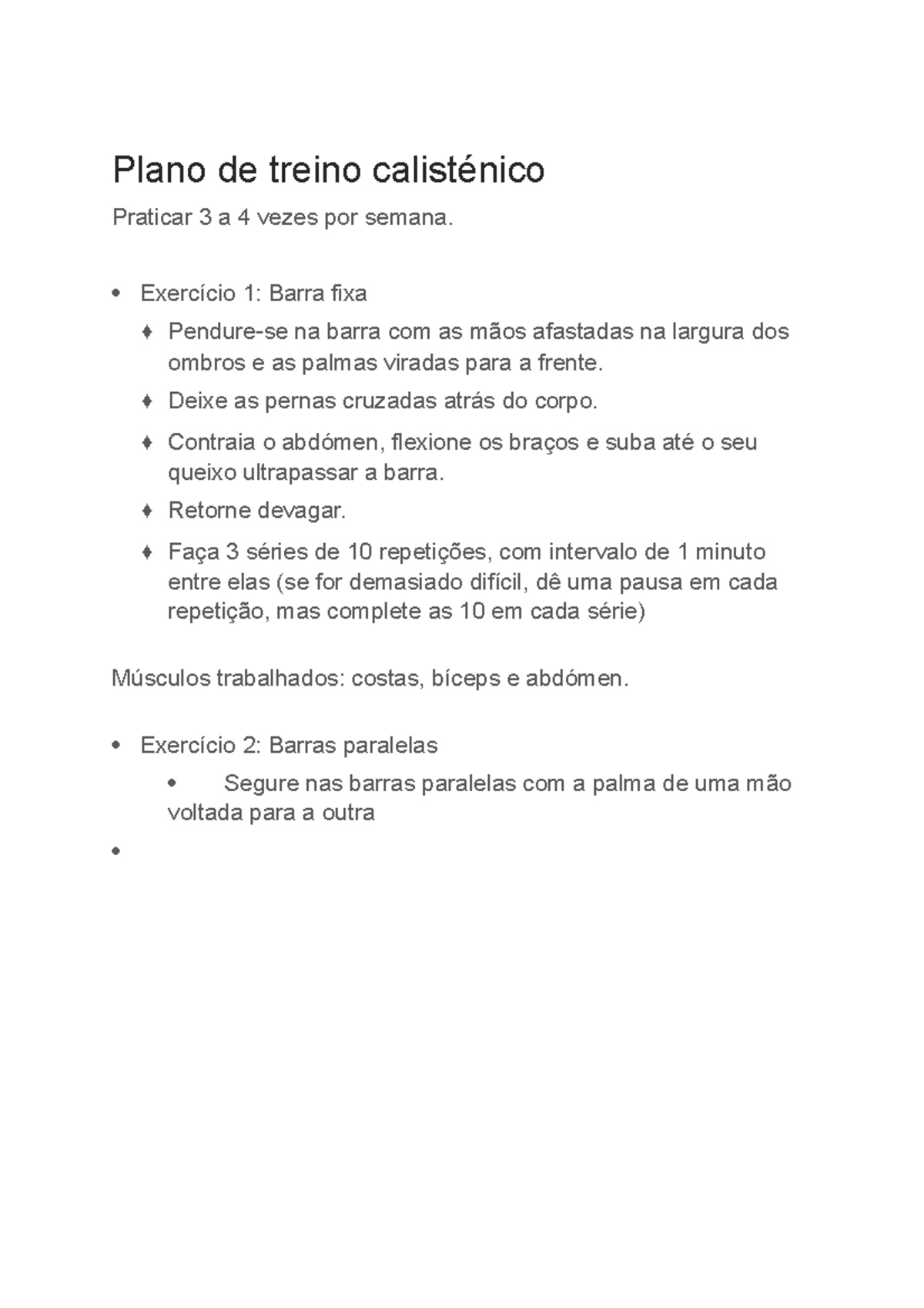 Documento 4 - dadadad - Plano de treino calisténico Praticar 3 a 4 vezes por semana. Exercício 1 ...