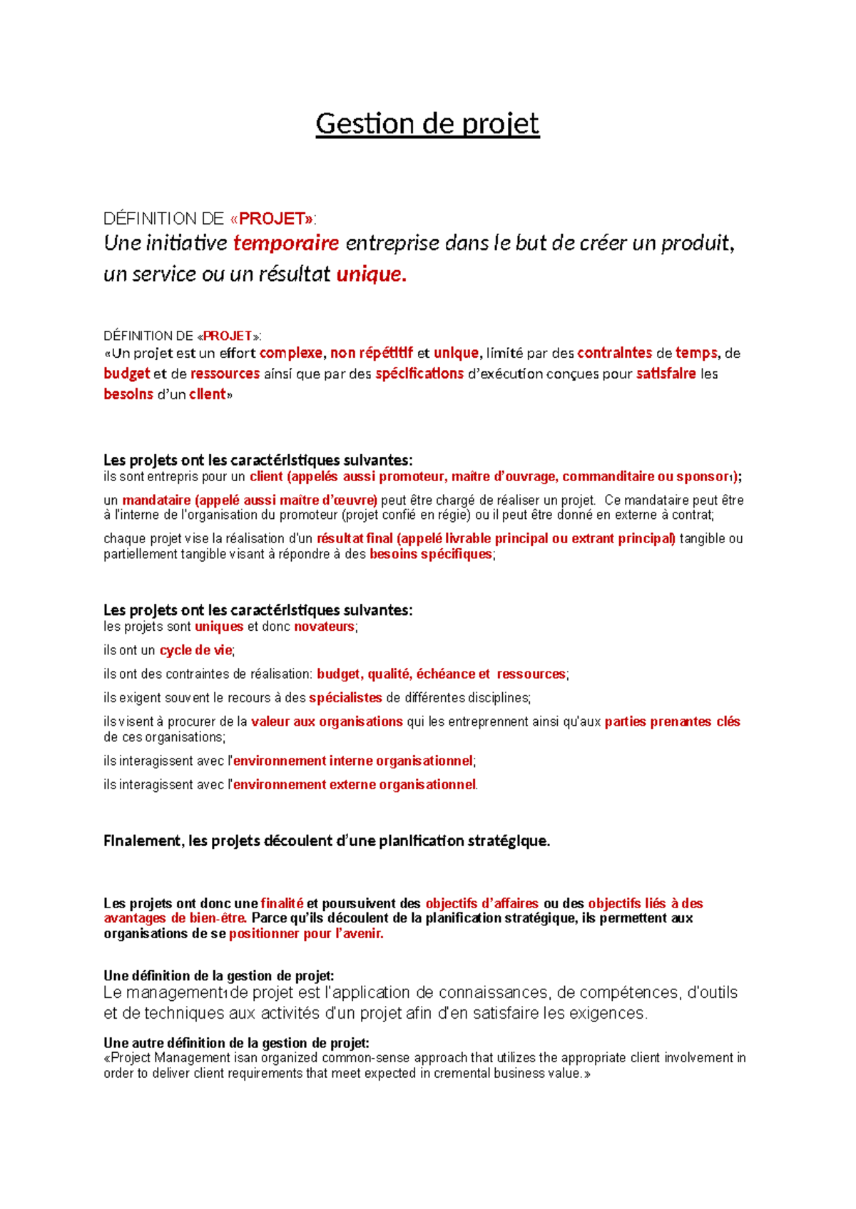 Gestion de projet (resume session 1 a 3) - Gestion de projet DÉFINITION ...