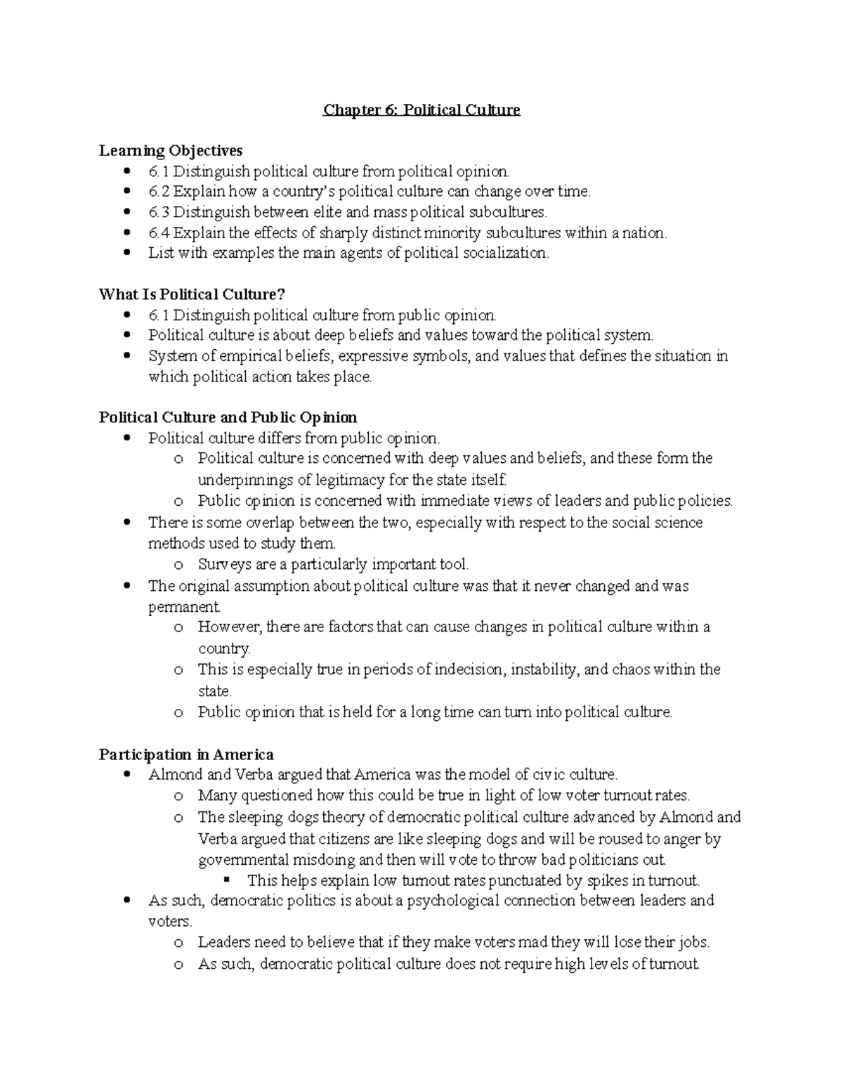 Chapter Six Notes - Chapter 6: Political Culture Learning Objectives 6 ...