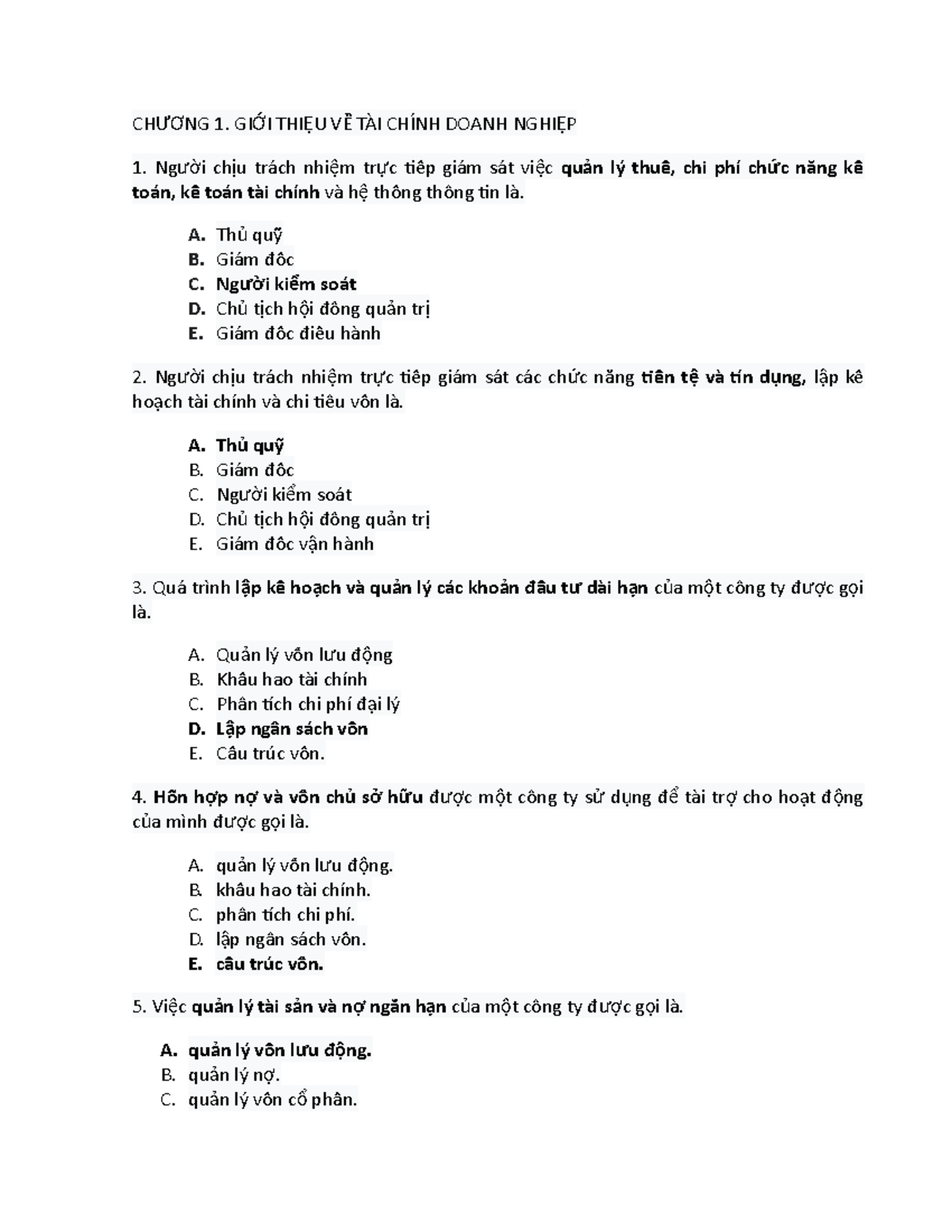 TỔNG HỢP TRẮC NGHIỆM TCDN CK - CH ƯƠNG 1. GI ỚI THI U VỀỀ TÀI CHÍNH DOANH NGHI P Ệ Ệ Ng ười ch u ...