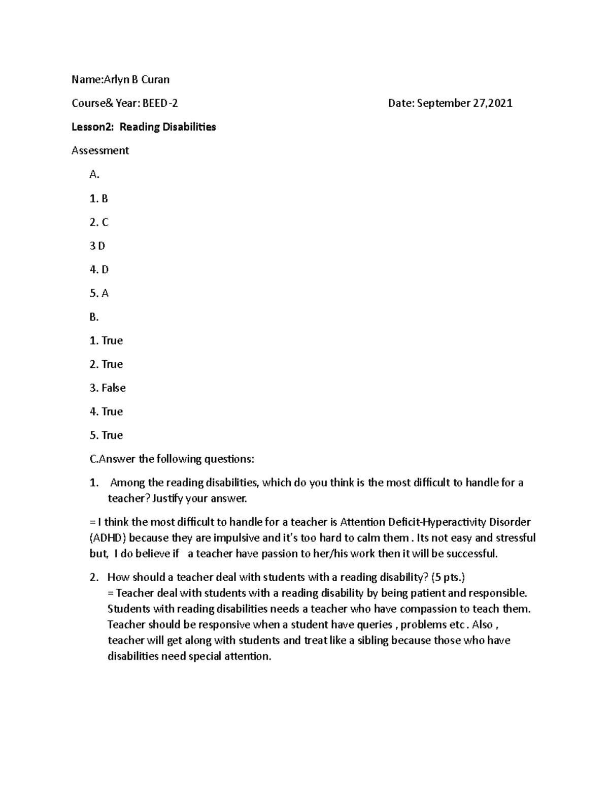 Lesson 2 answer sheet - Name:Arlyn B Curan Course& Year: BEED-2 Date ...