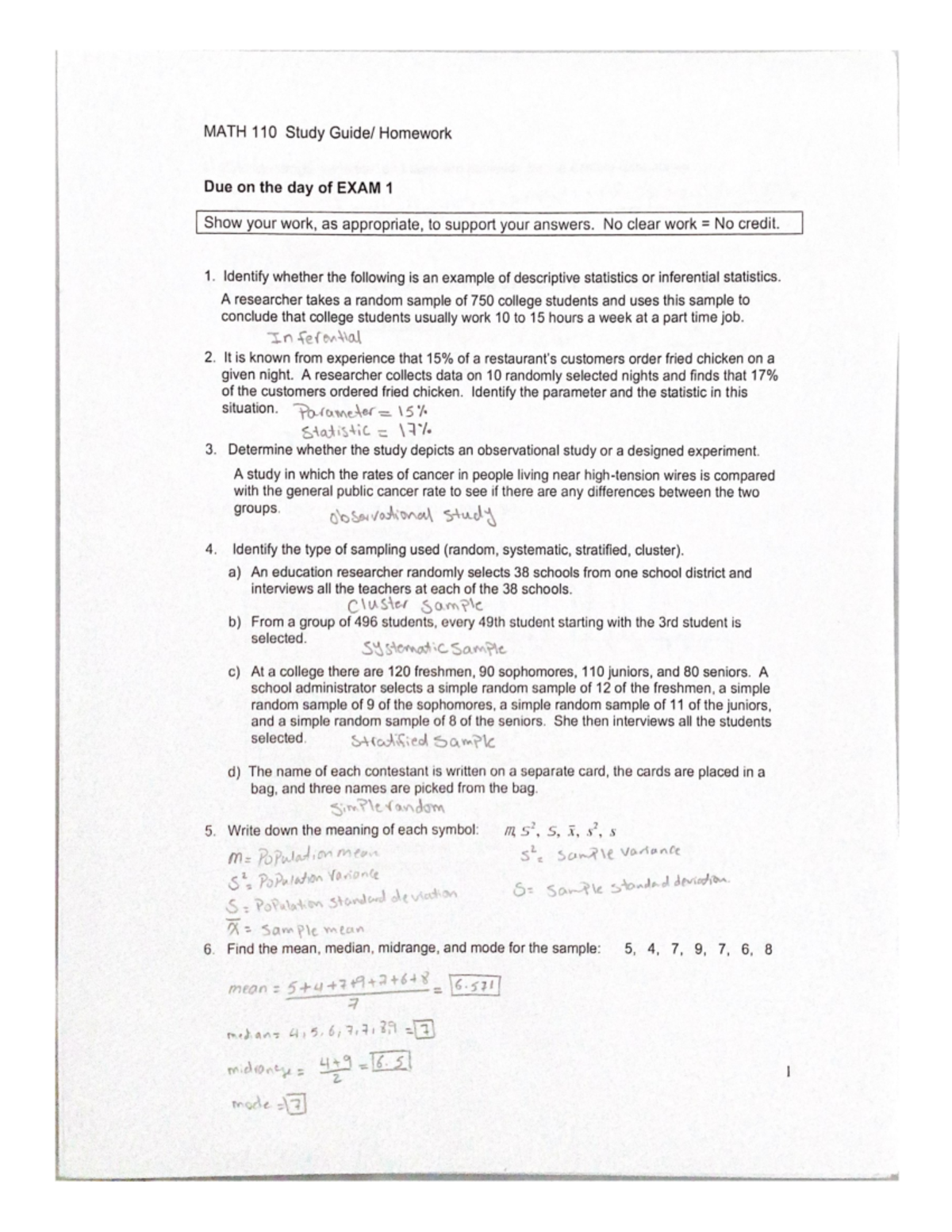 MATH 110 Study Guide #1 Homework - MATH 110 - Studocu