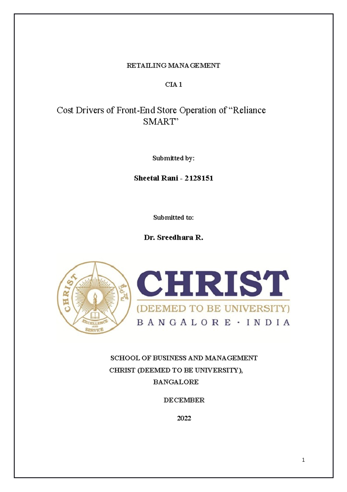 Retail CIA 1 2128151 - Cost Drivers of Front-End Store Operation of ...