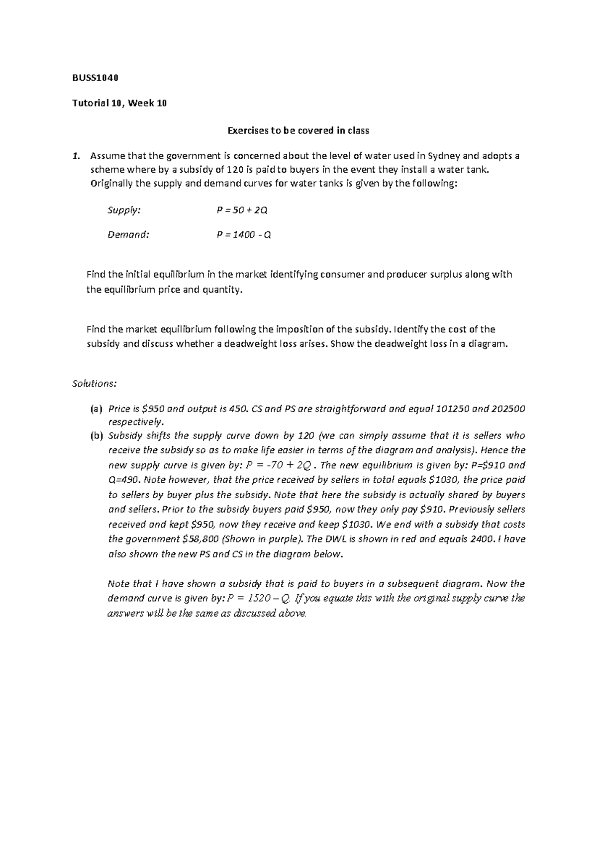 BUSS1040 Tutorial 10 with answers - BUSS Tutorial 1 0 , Week 1 0 Exercises to be covered in ...