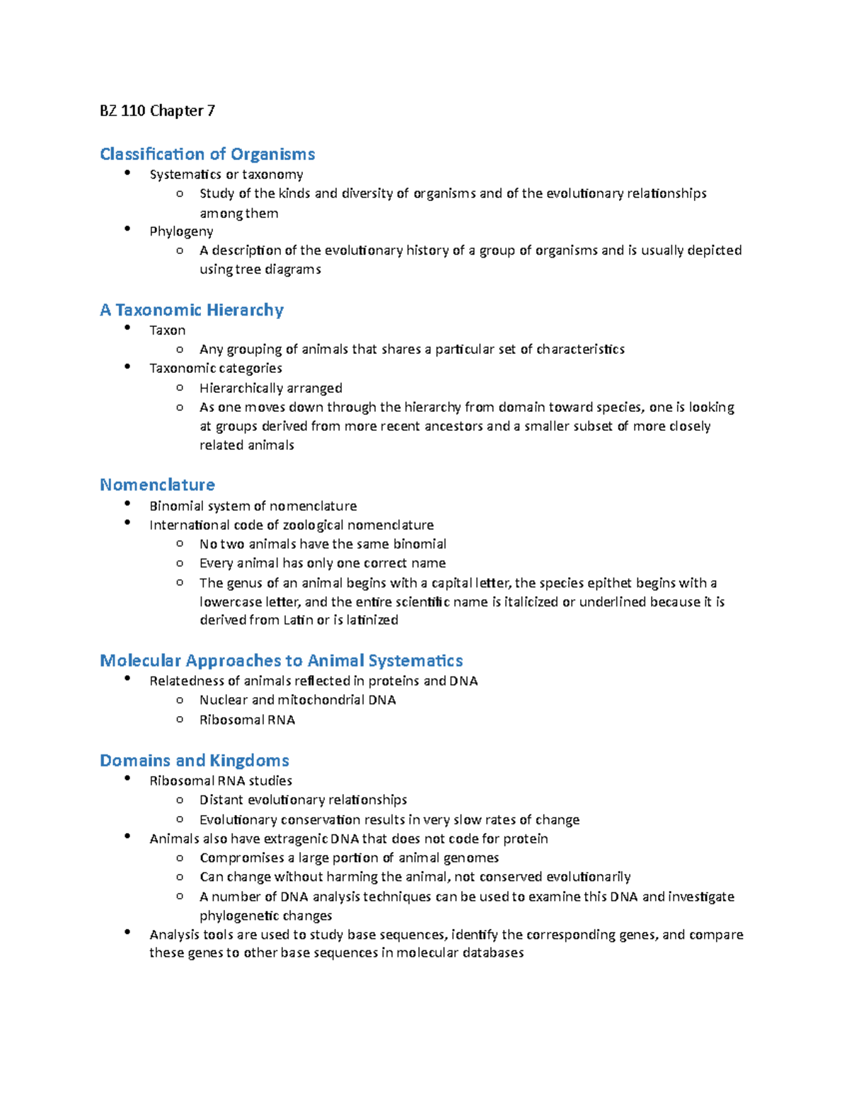 BZ 110 Chapter 7 - Animal Biology - BZ 110 Chapter 7 Classification of Organisms Systematics or ...