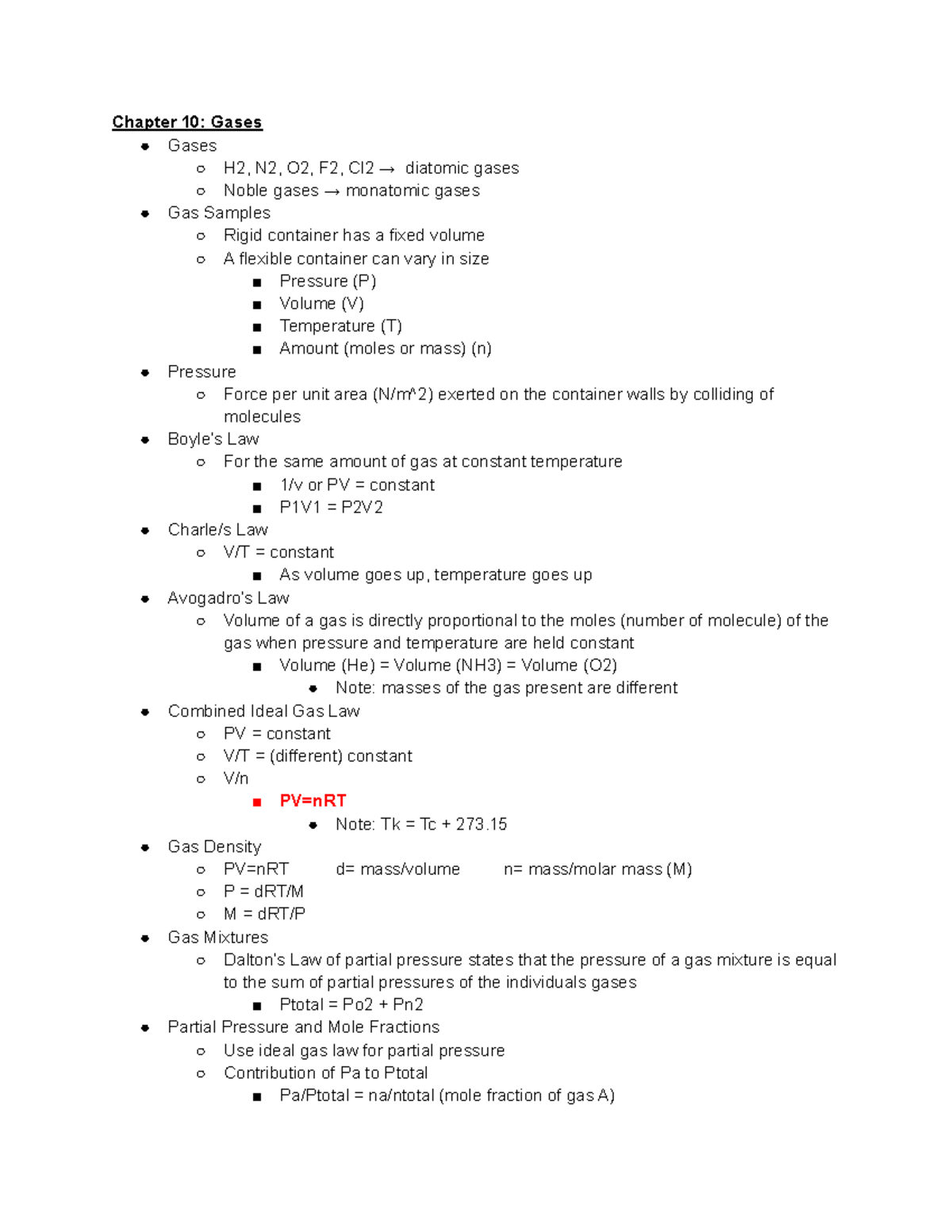 CHEM 111 - Chapter 10 Gases - Chapter 10: Gases Gases H2, N2, O2, F2 ...