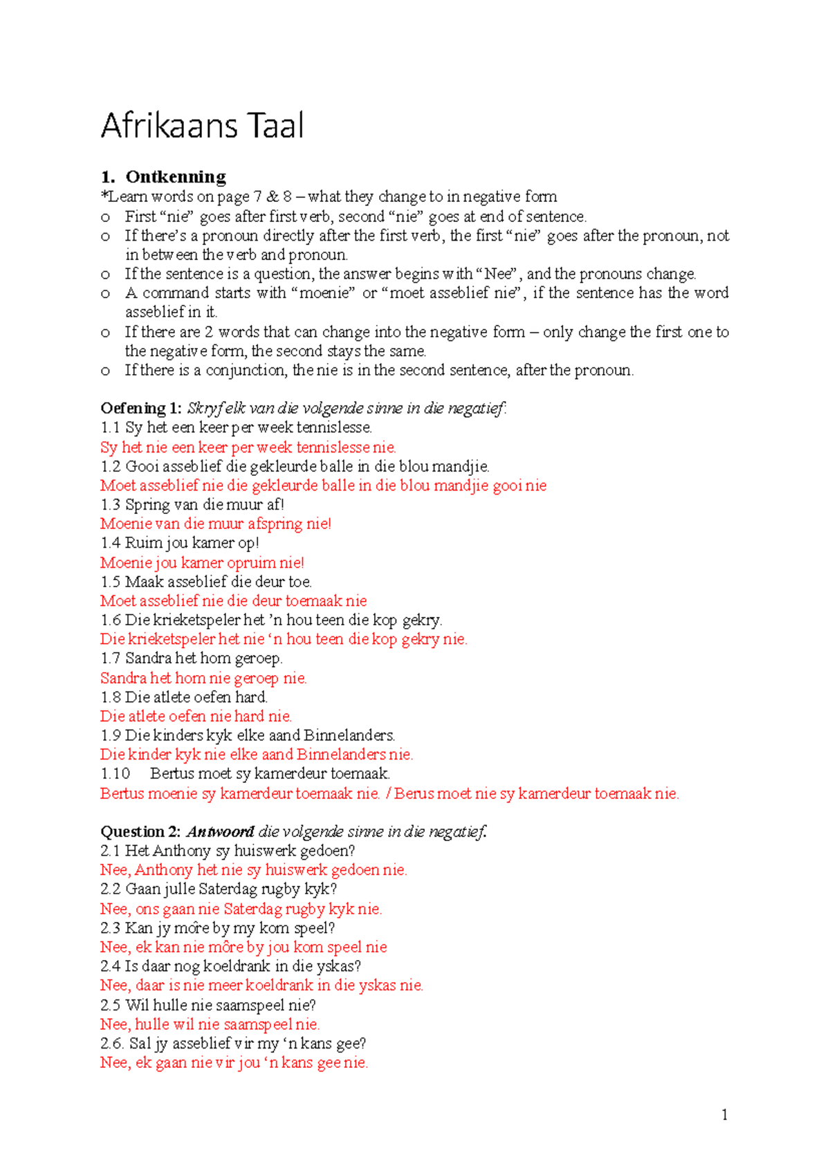 Afrikaans Taal - Ontkenning *Learn words on page 7 & 8 – what they ...