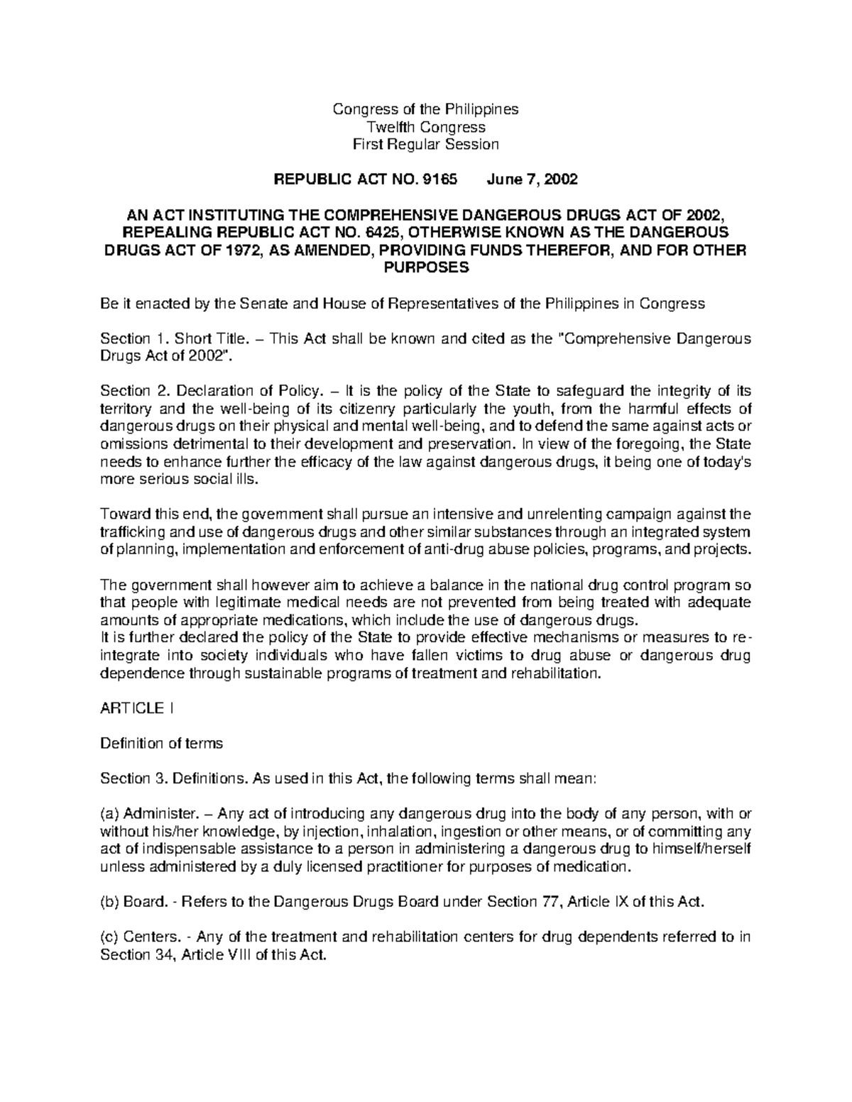 RA 9165- dangerous drugs - Congress of the Philippines Twelfth Congress ...