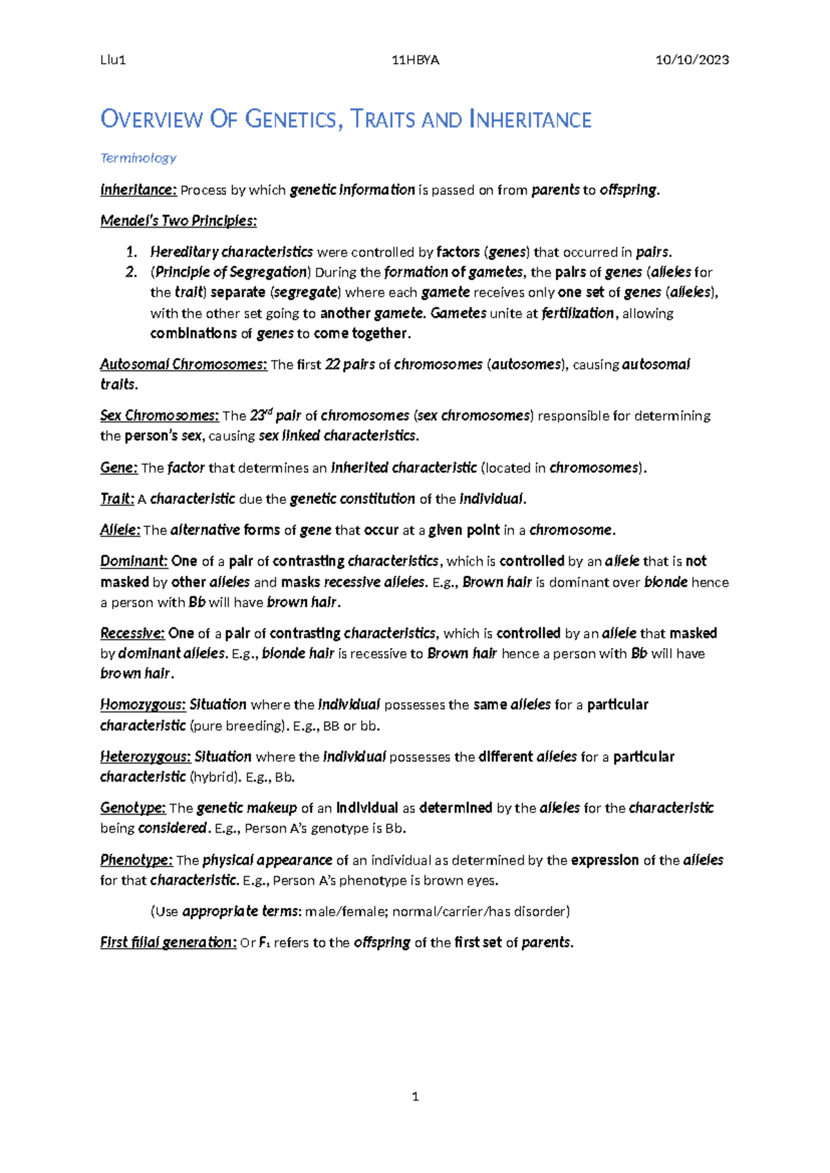 Llu1 11HBYA Genetics, Traits and Inheritance - OVERVIEW OF GENETICS, TRAITS AND INHERITANCE ...