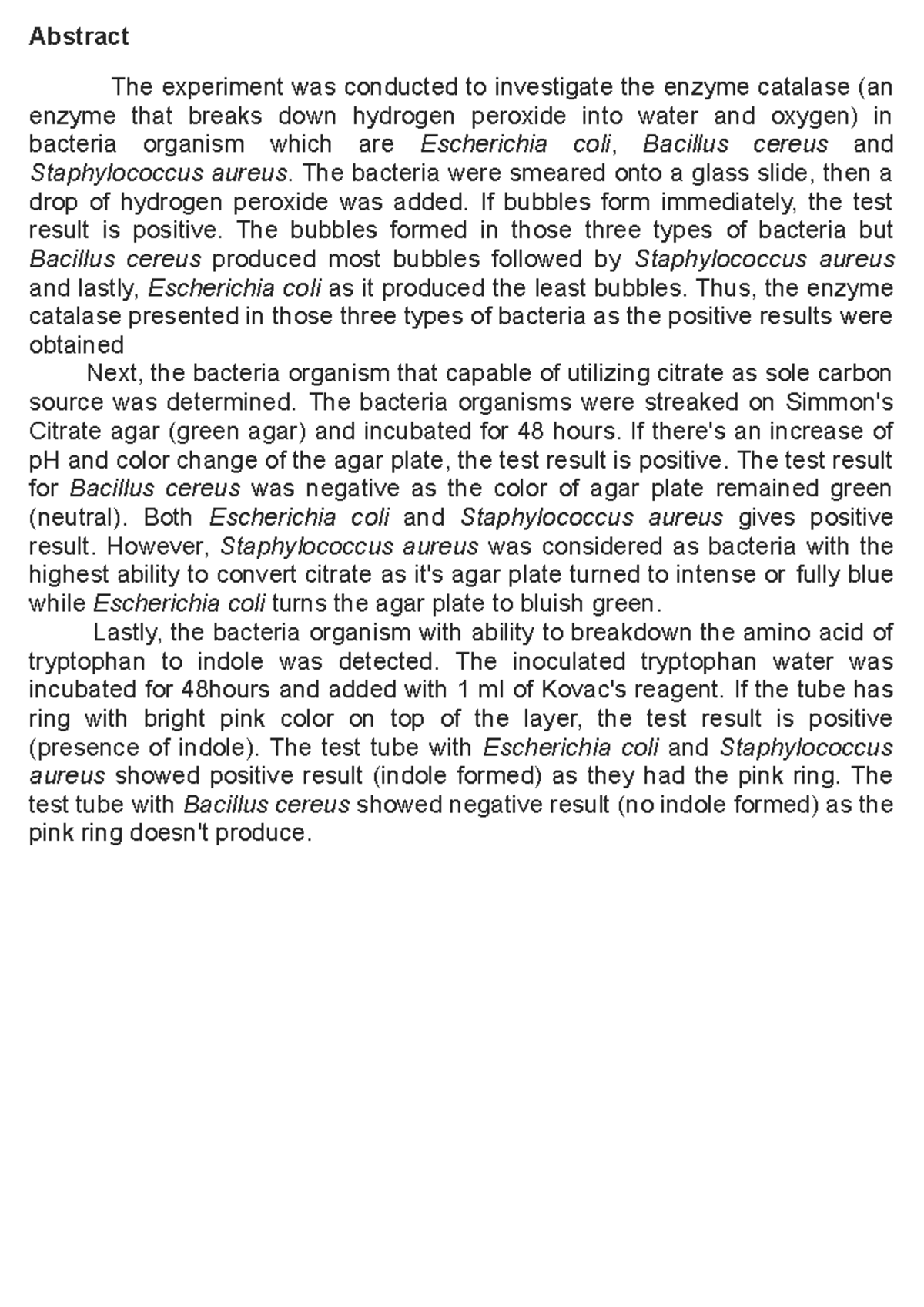 Biochemical test experiment - Abstract The experiment was conducted to ...