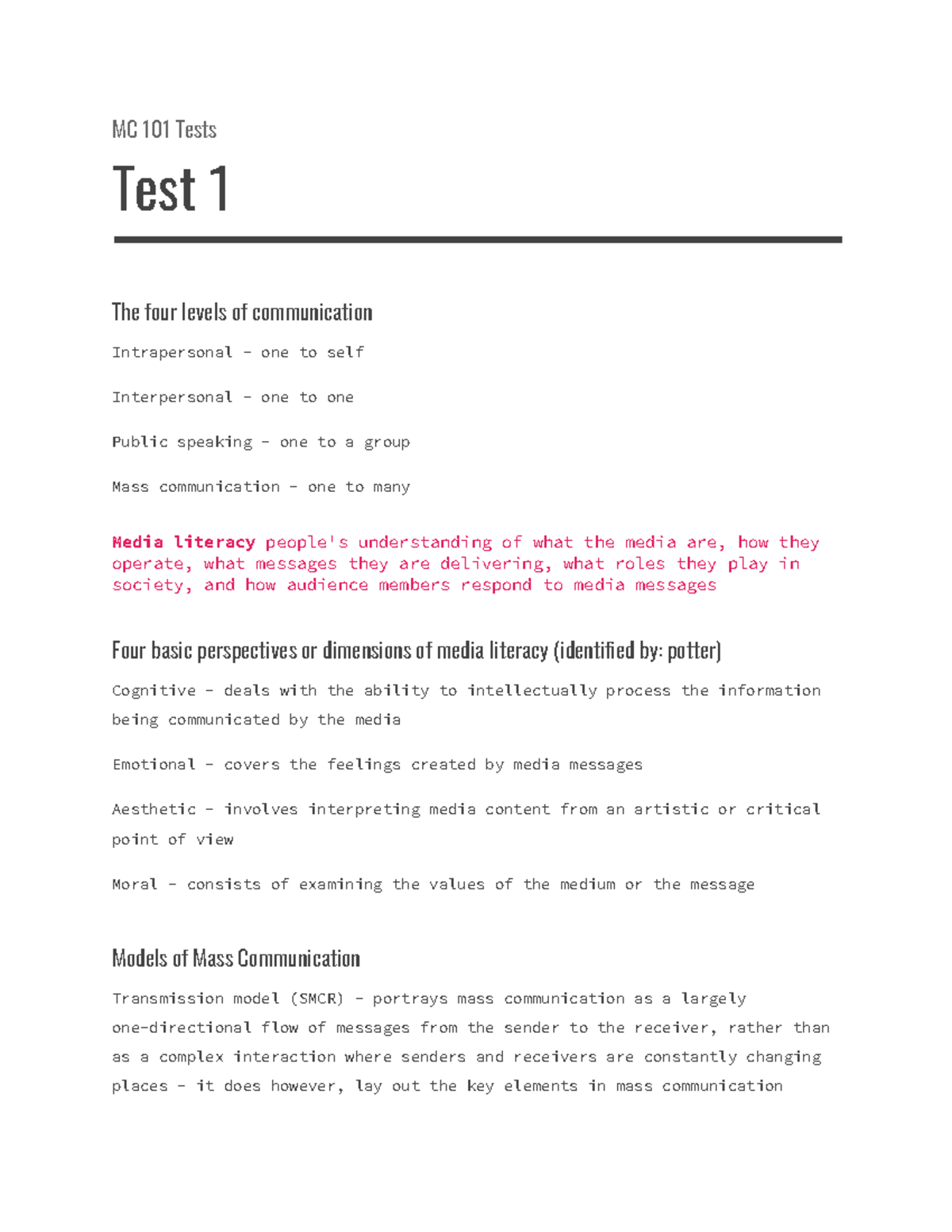 MC 101 Test 1 Review - All notes covered in class and outside of class ...