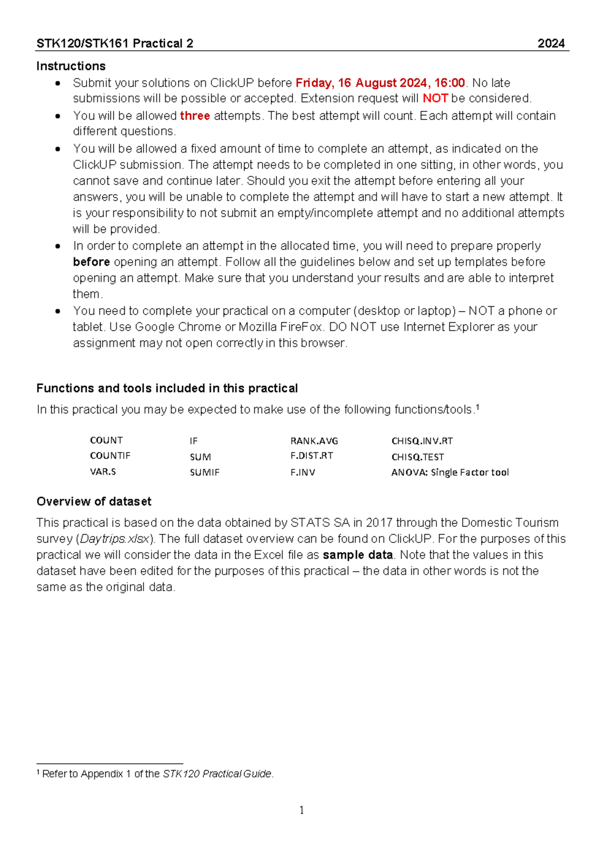 STK120 161 - Practical 2 - 2024 - STK1 2 0/STK161 Practical 2 2024 1 Instructions • Submit your ...