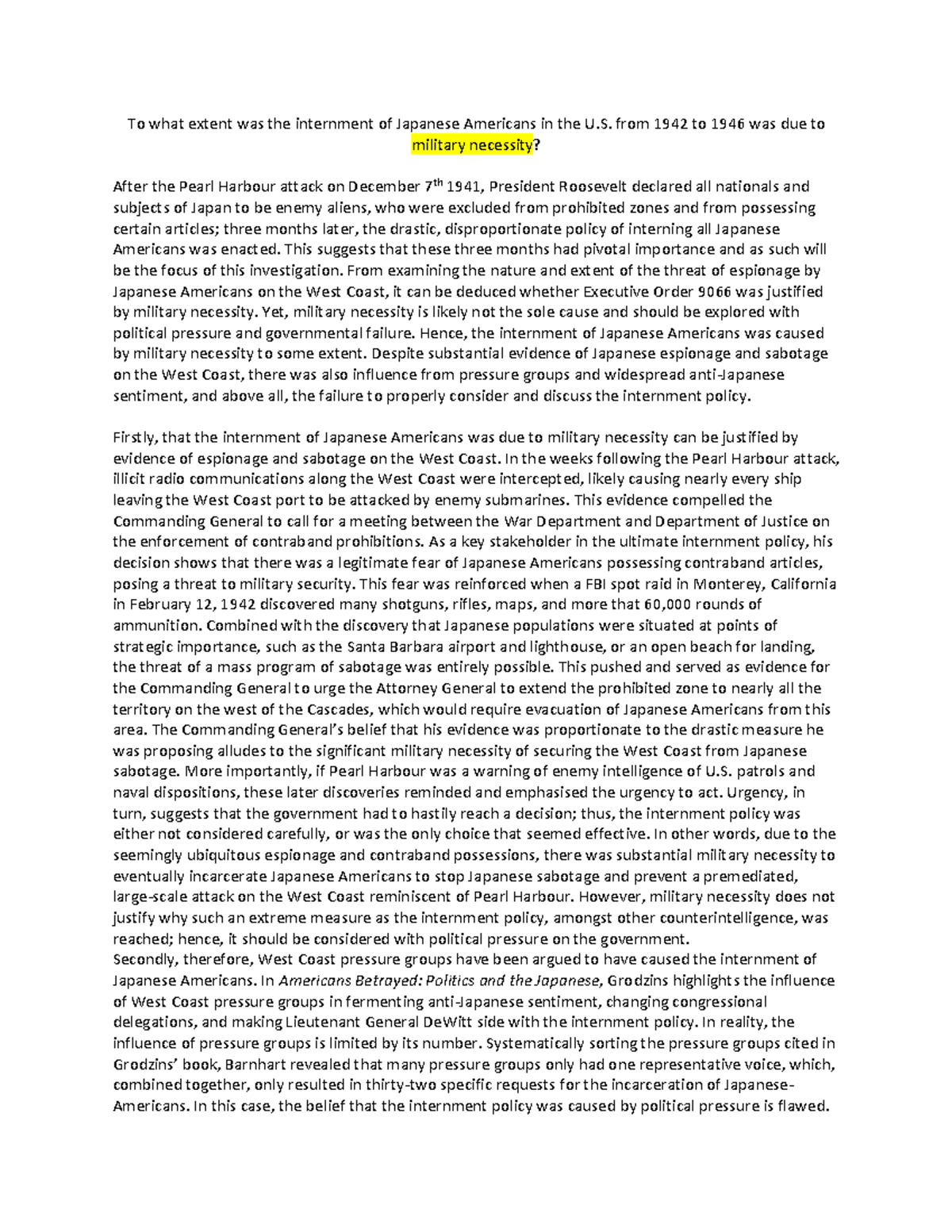 History IA - To what extent was the internment of Japanese Americans in ...