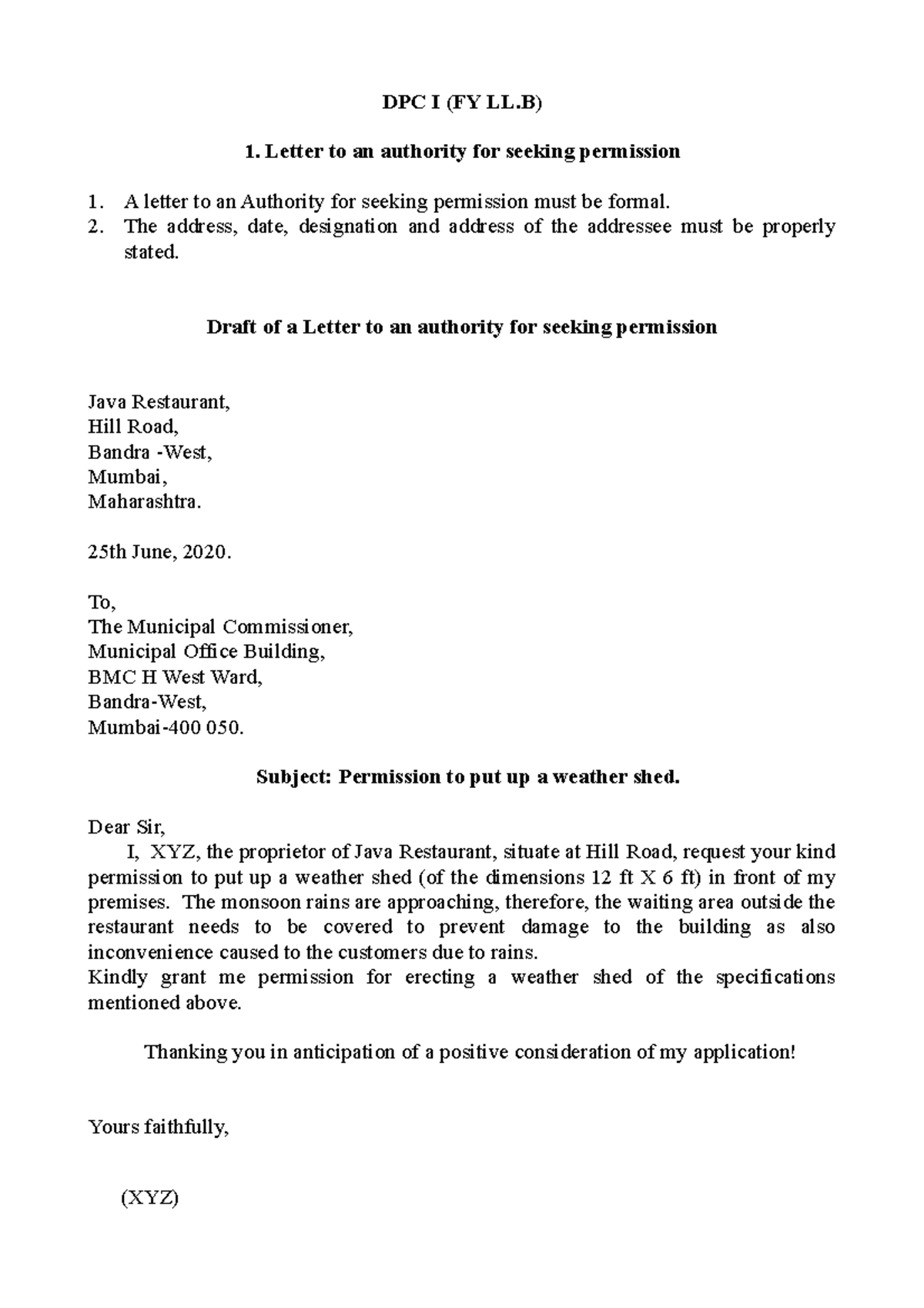 FY LL.B Sem II DPC I-1 - FY LL.B Sem II DPC I-1 - DPC I (FY LL) 1. Letter to an authority for ...
