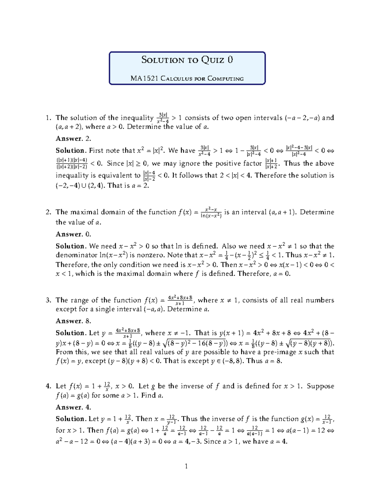 Solution to Quiz 0 - as titled - Solution to Quiz 0 MA1521 Calculus for ...