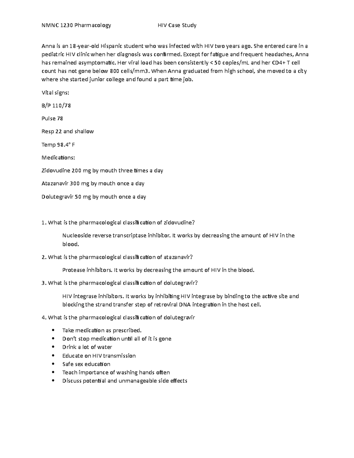 HIV case study - NMNC 1230 Pharmacology HIV Case Study Anna is an 18 ...