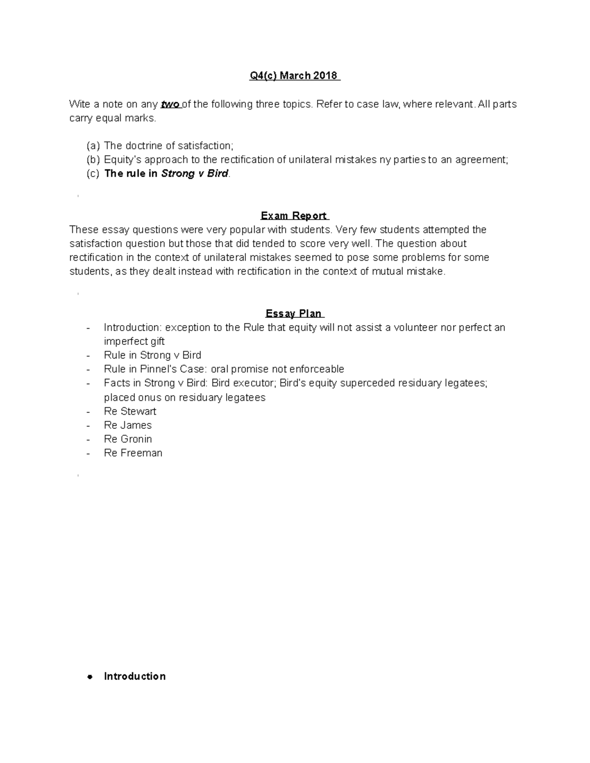 Case Note The Rule in Strong v Bird - Q4(c) March 2018 Wite a note on ...