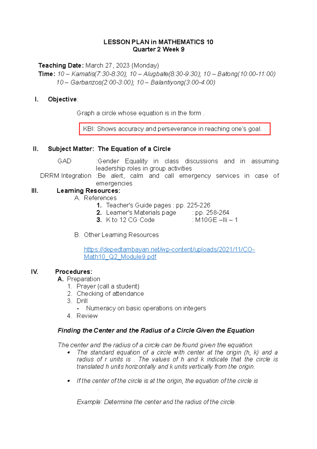 March 27 LP - informative - LESSON PLAN in MATHEMATICS 10 Quarter 2 ...