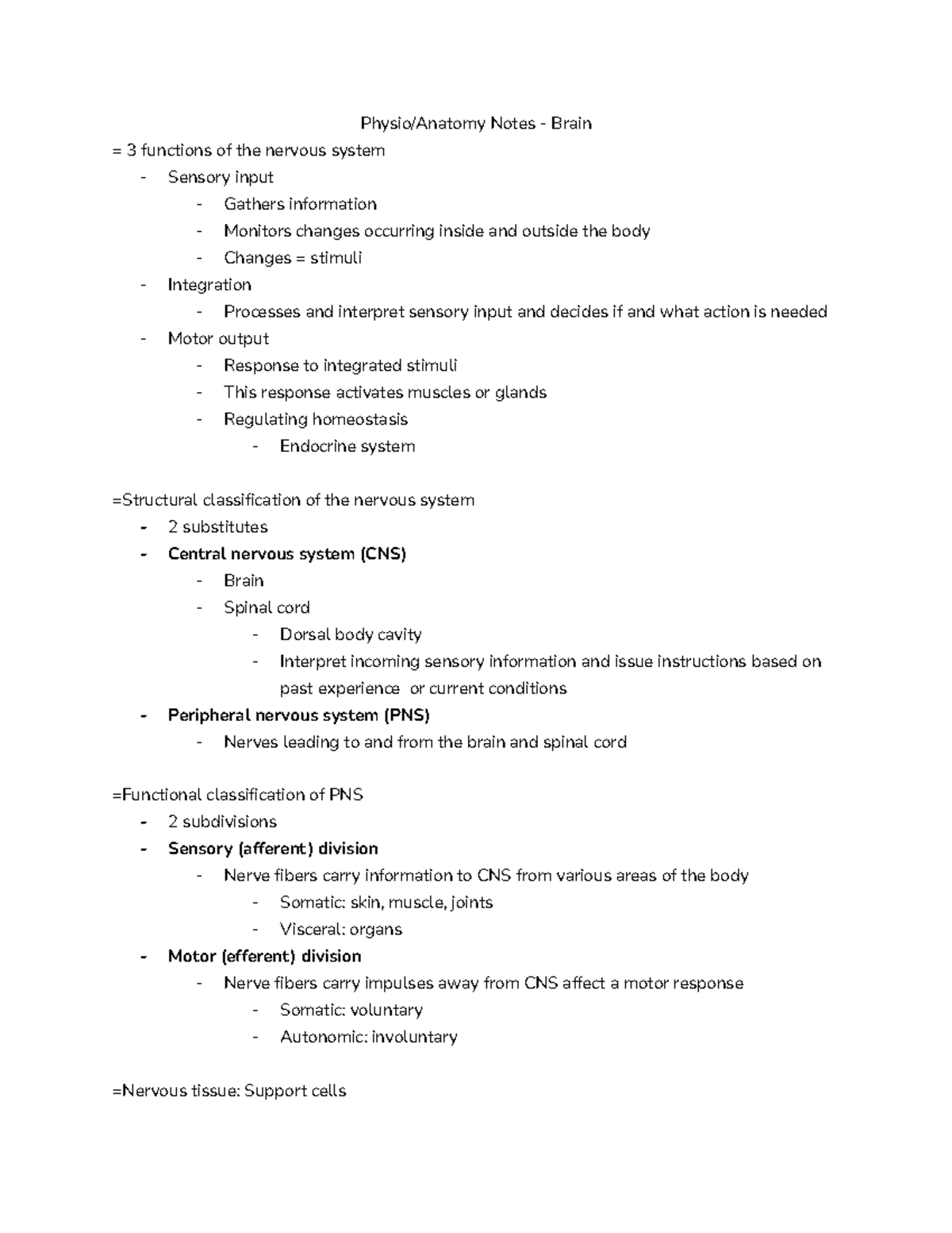 Functions of the Nervous System - Studocu