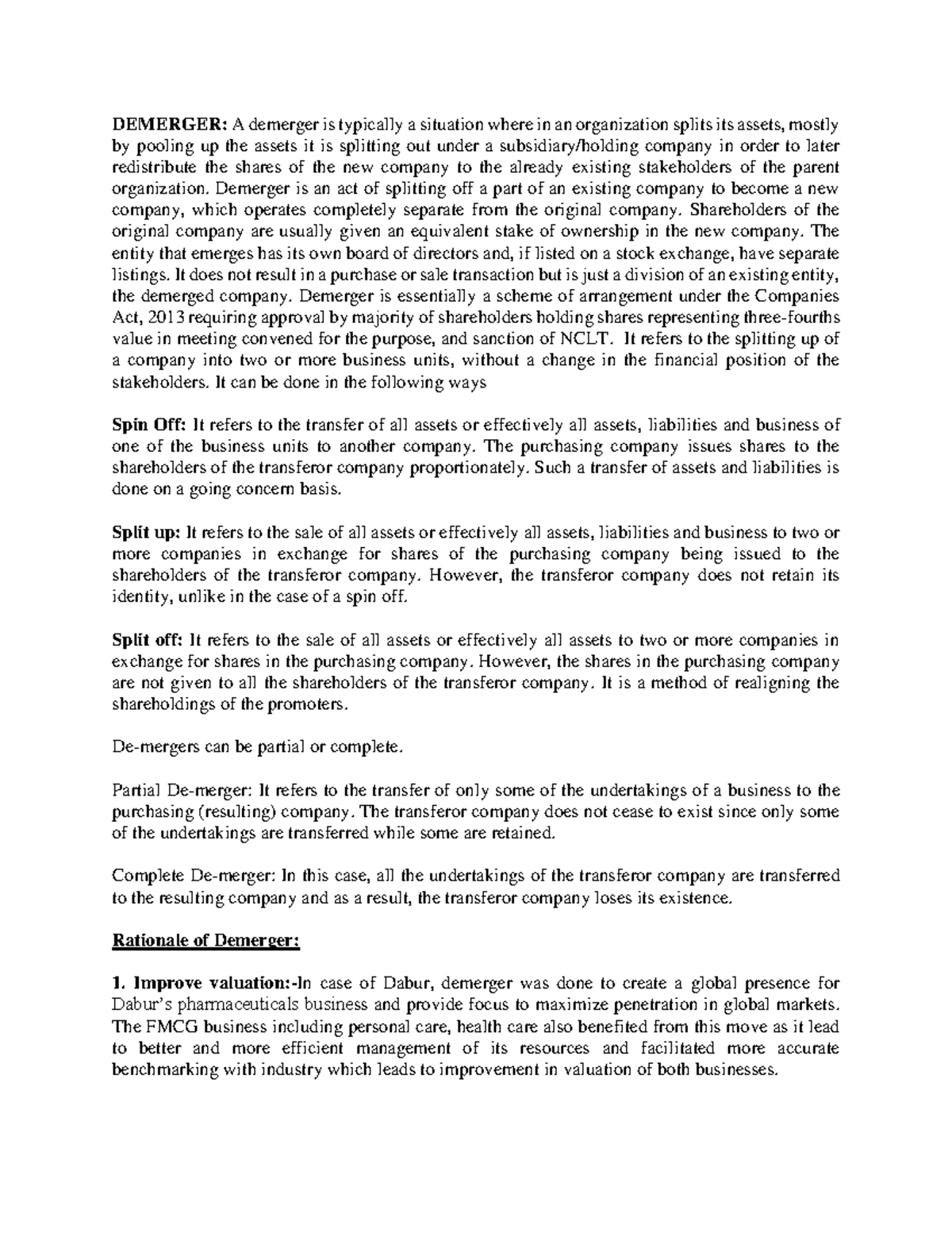 Demerger - Lecture notes 2 - DEMERGER: A demerger is typically a ...
