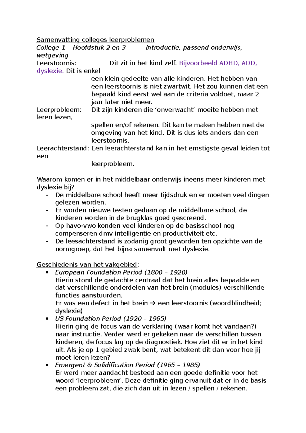 Samenvatting leerproblemen - Samenvatting colleges leerproblemen ...