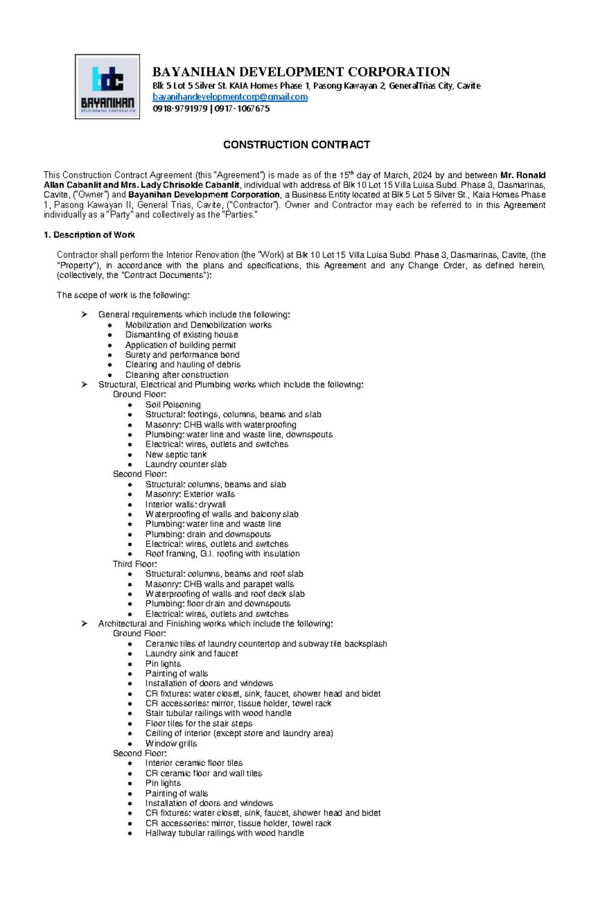 BDC Construction Contract Villa Luisa - BAYANIHAN DEVELOPMENT ...