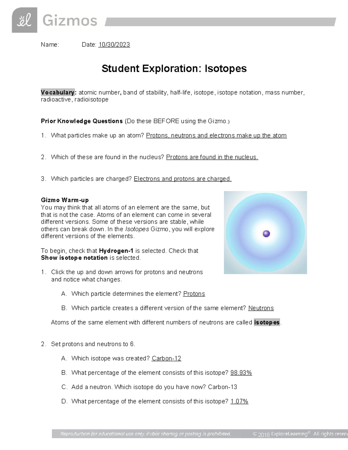 Isotopes SE - Answer - Name: Date: 10/30/ Student Exploration: Isotopes ...