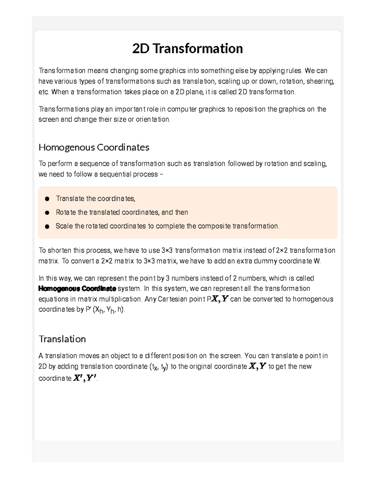 2D Transformation - 2D Transformation Transformation means changing ...