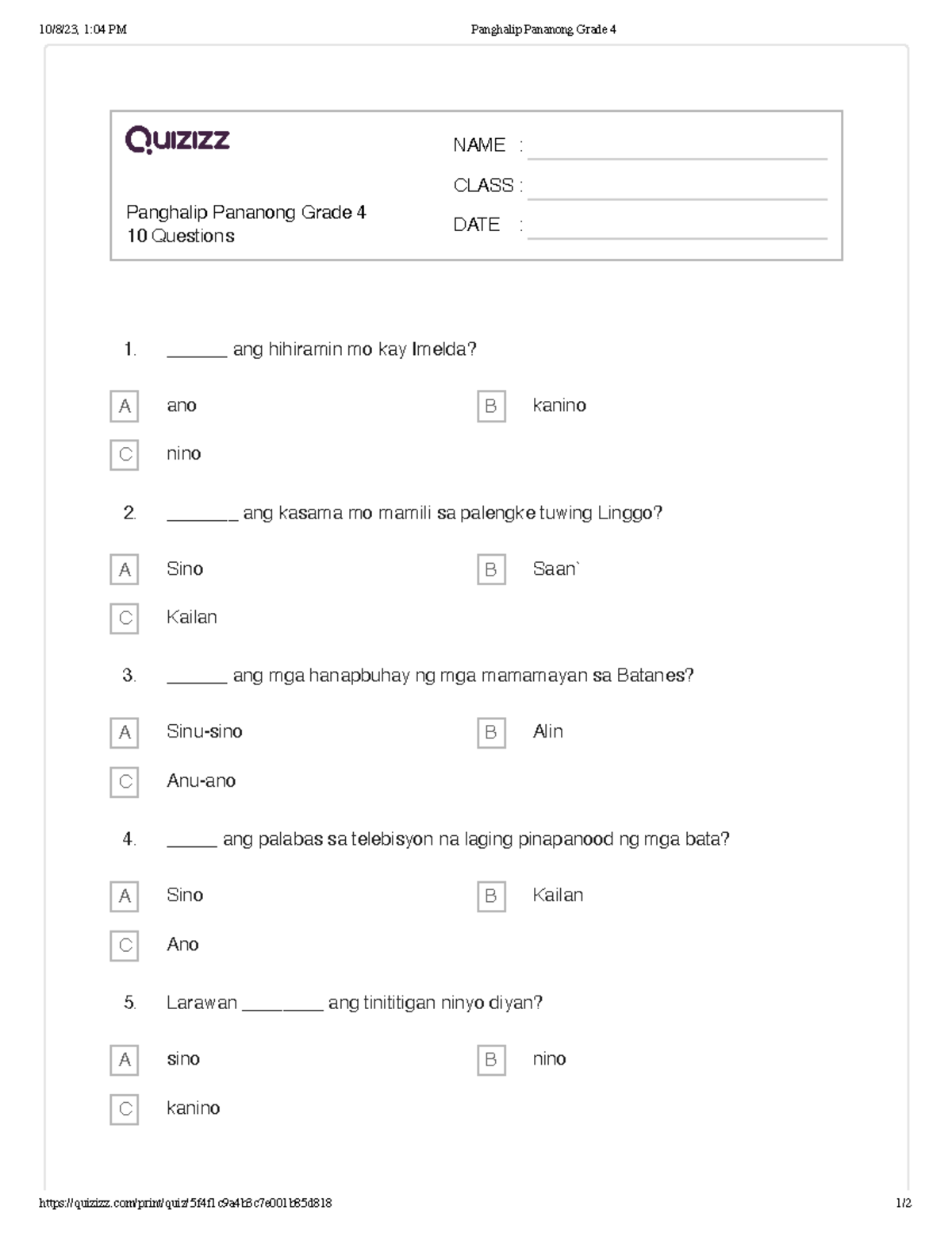 Panghalip Pananong Grade 4 - ______ ang hihiramin mo kay Imelda? A ano ...
