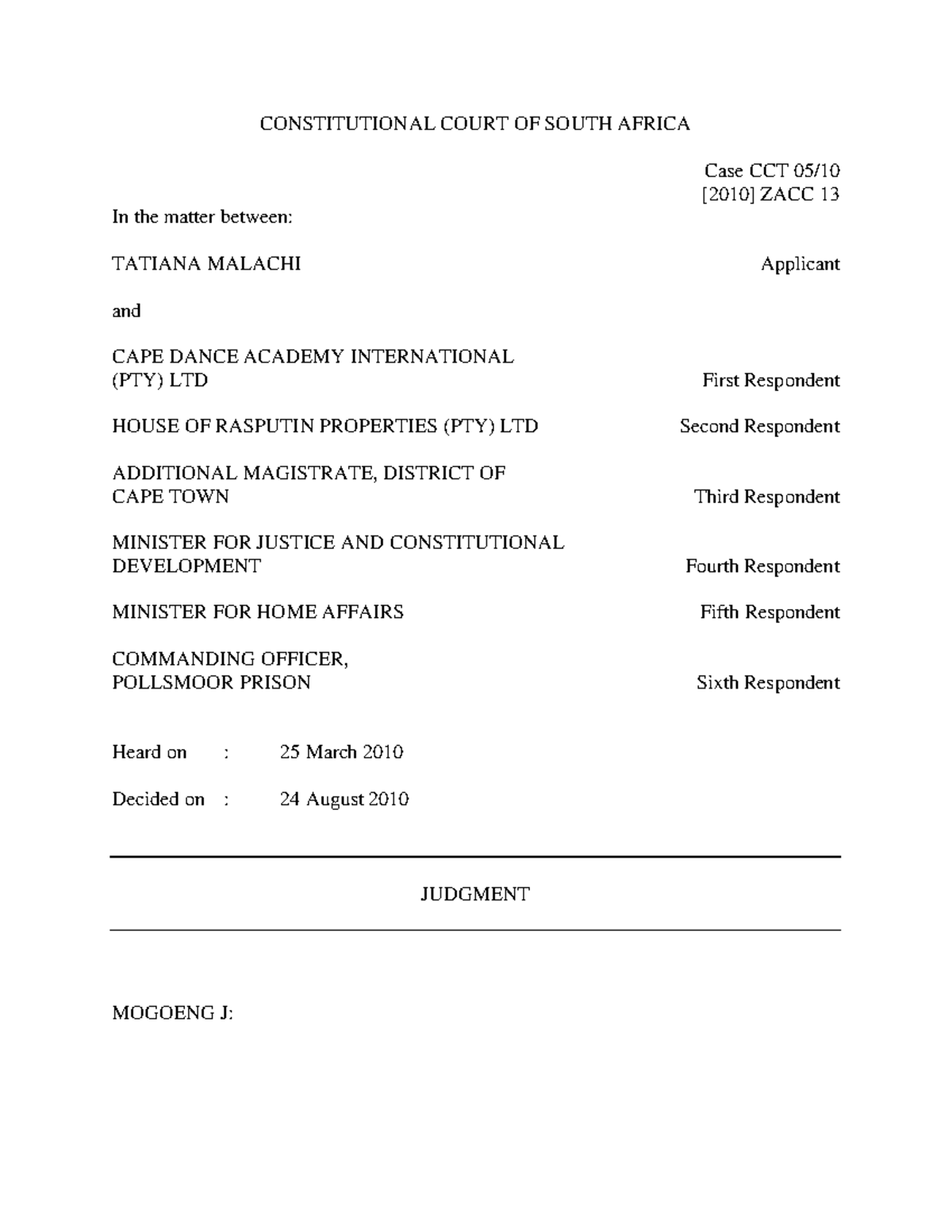 Malachi case - notes - CONSTITUTIONAL COURT OF SOUTH AFRICA Case CCT 05 ...