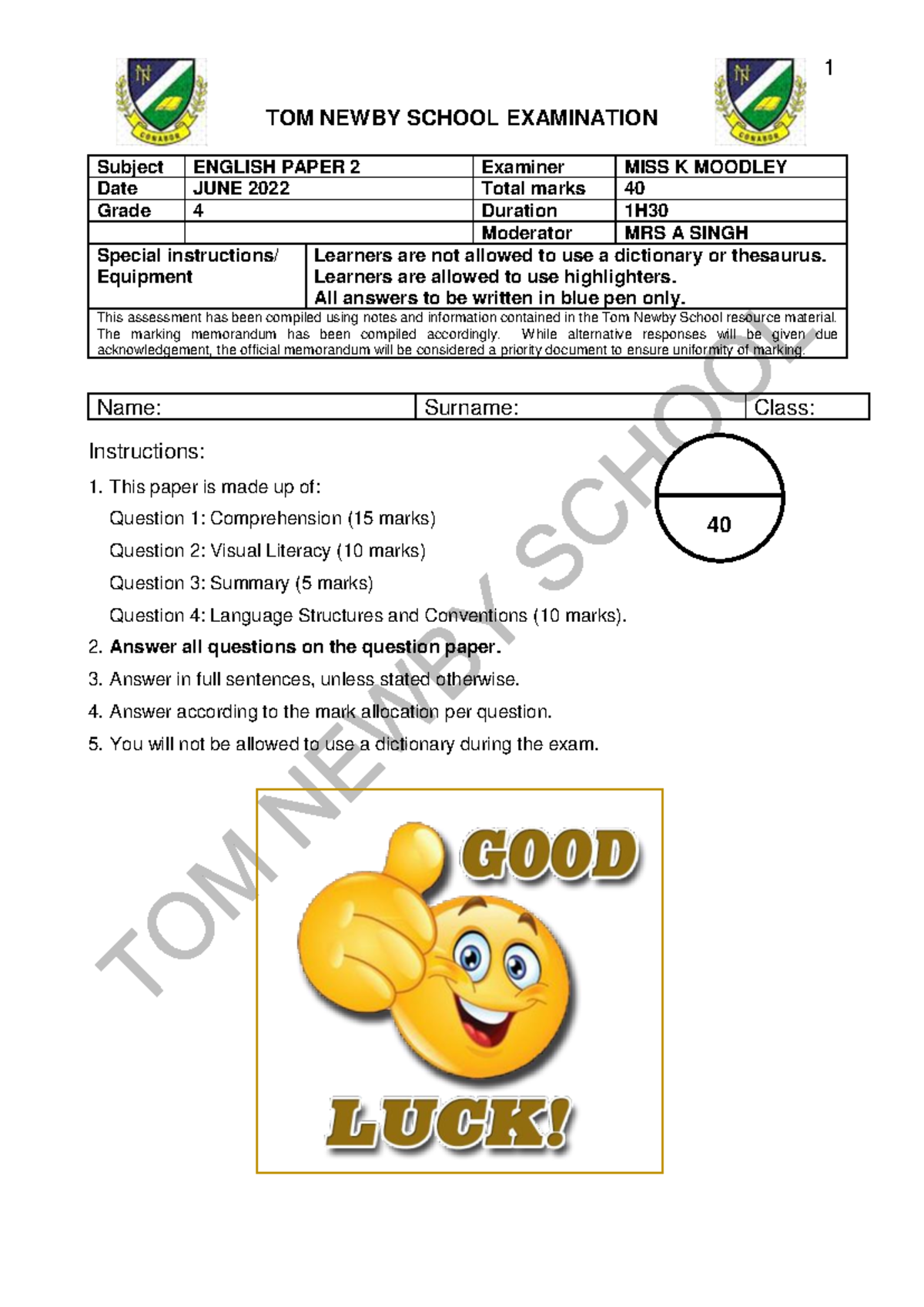 Grade-4-English-Exam-June-2022 - TOM NEWBY SCHOOL EXAMINATION Subject ...