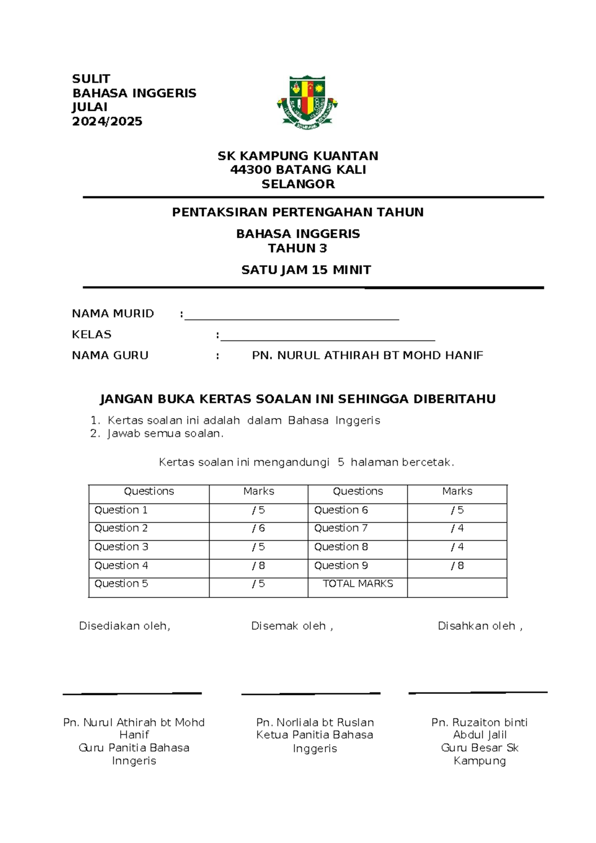 Cover PAGE UPSA - SULIT BAHASA INGGERIS JULAI 2024/ SK KAMPUNG KUANTAN 44300 BATANG KALI ...