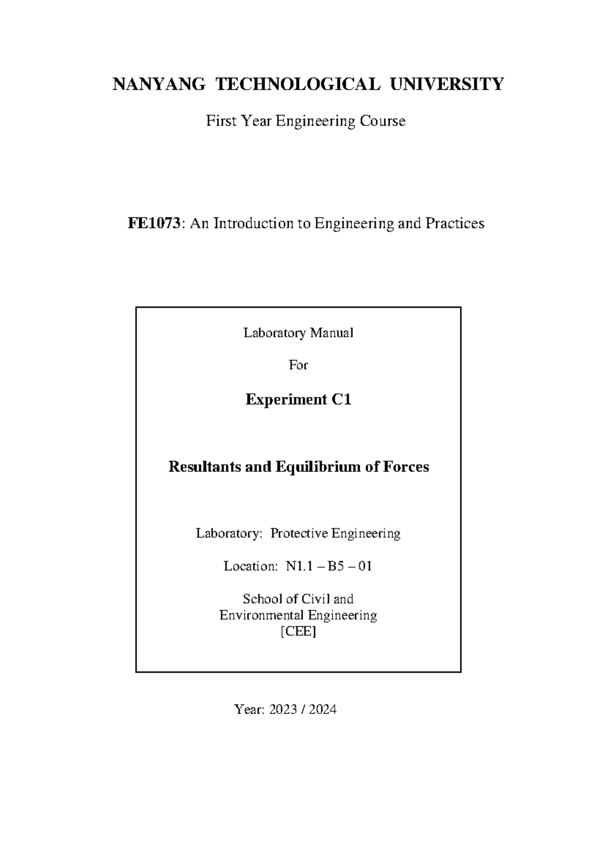 C1 lab - C1 Lab - NANYANG TECHNOLOGICAL UNIVERSITY First Year ...