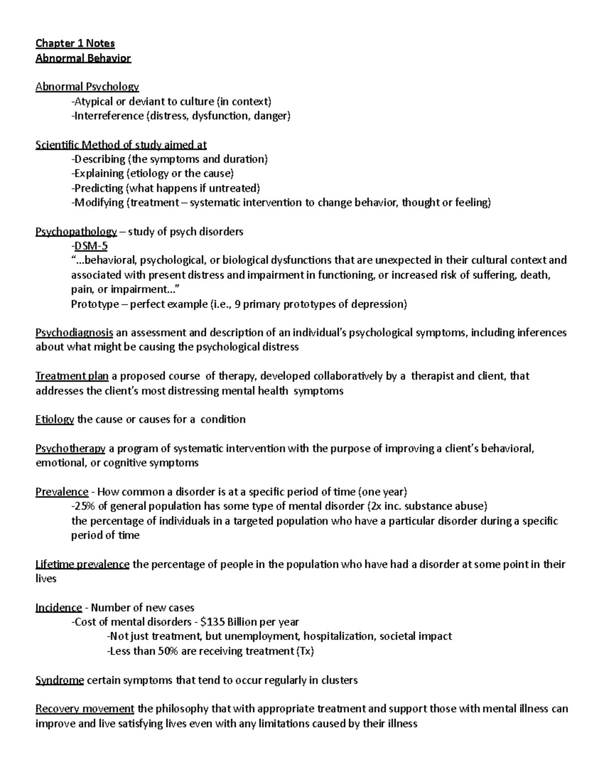 Chapter 1 Notes - Chapter 1 Notes Abnormal Behavior Abnormal Psychology ...