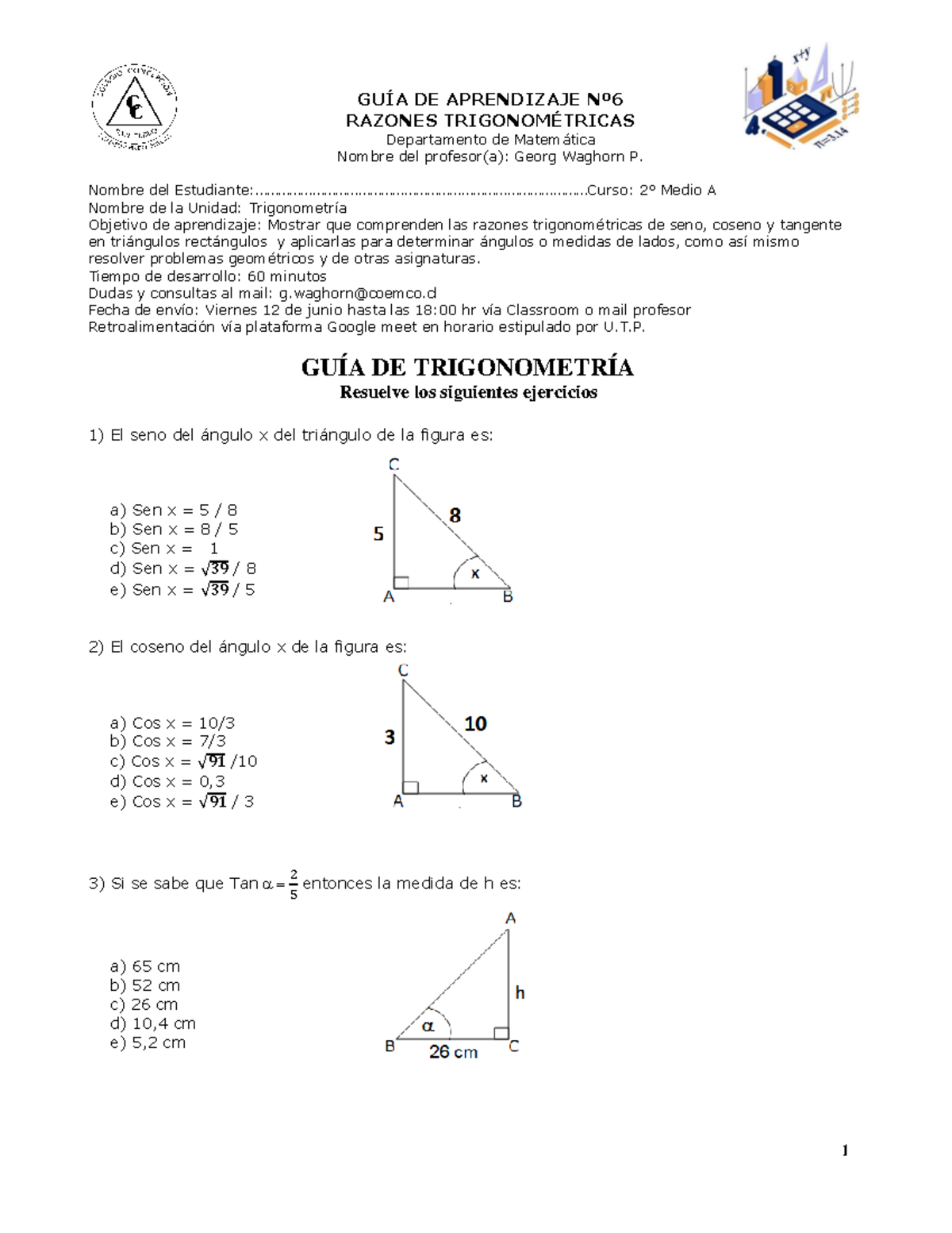 Geometría 2º Medio A G - Practica Trigonometría - 1 GUÍA DE APRENDIZAJE ...