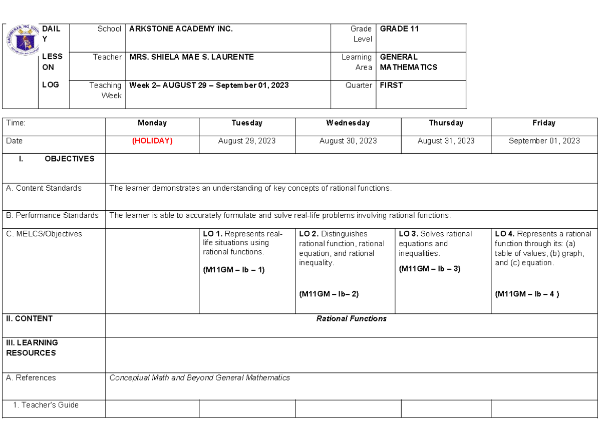 DLL WEEK 2 - DLL - DAIL Y LESS ON LOG School ARKSTONE ACADEMY INC ...